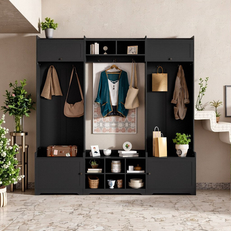 Red Barrel Studio® 79.1-Inch Wide MDF Hall Tree with 4 Cabinets 3-Seat ...