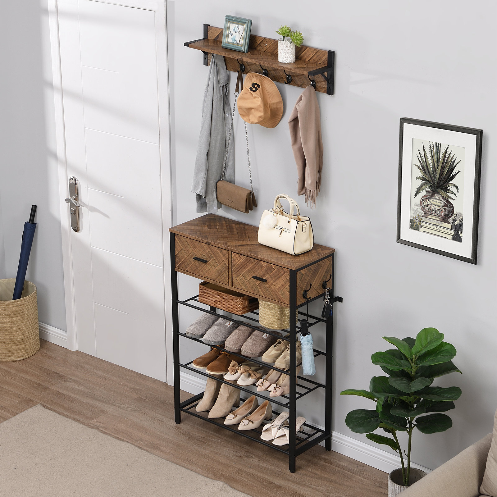 17 Stories Entryway 4-Tier Shoe Shelf With Two Drawers And Coat Rack ...