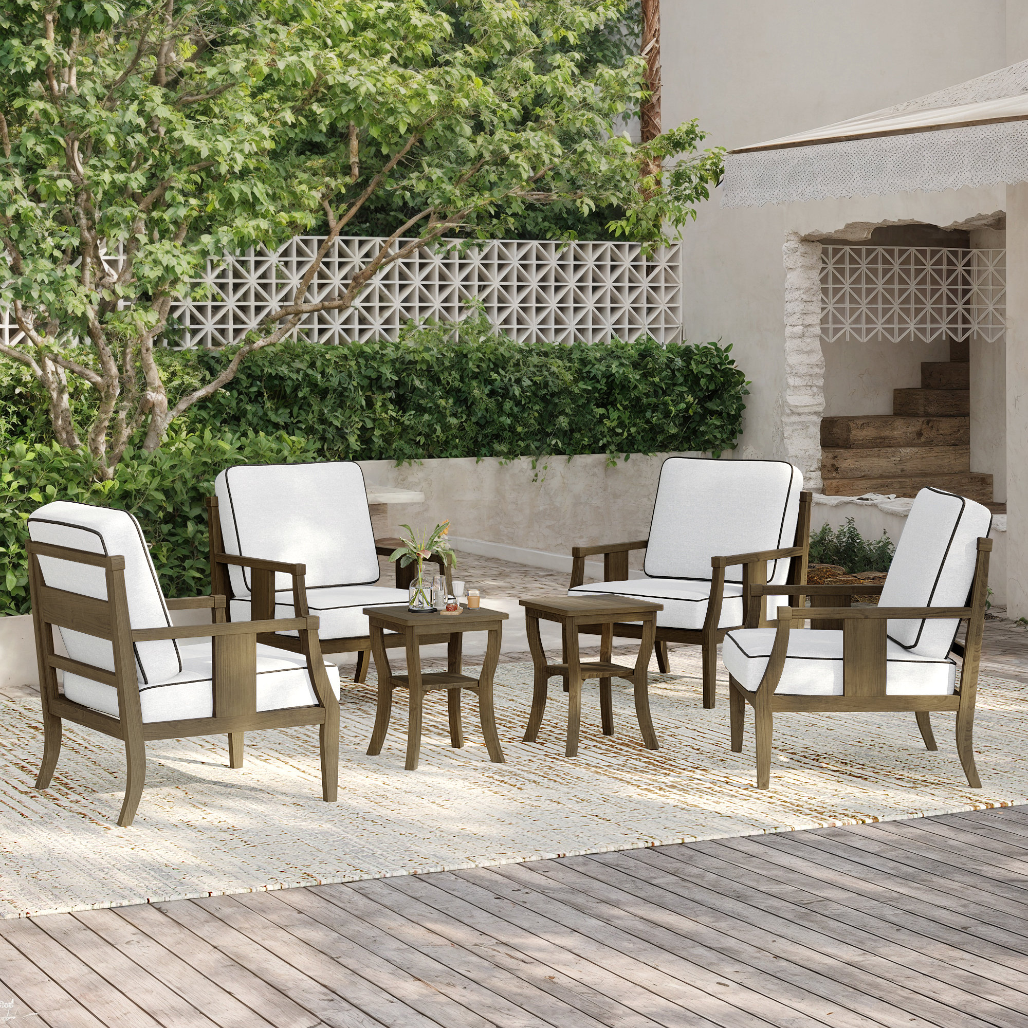 Winston Porter Teak Outdoor Four-person Conversation Set With Cushion ...