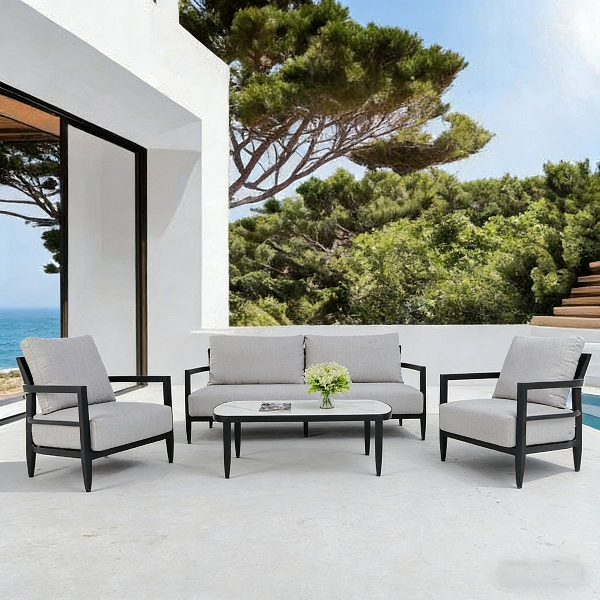 Latitude Run® 4PC Outdoor Conversation Set With Modern Club Chairs ...