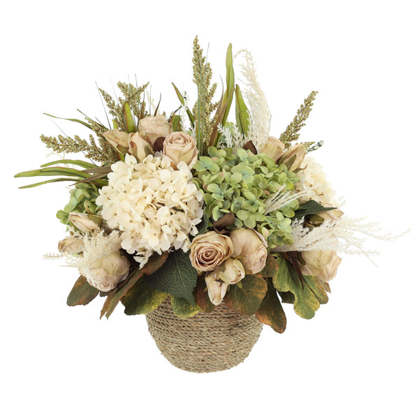 Primrue Fall Arrangement with Hydrangeas and Roses in Rope Pot | Wayfair
