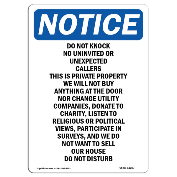 SignMission Osha Notice - Do Not Knock No Uninvited or Unexpected Sign ...