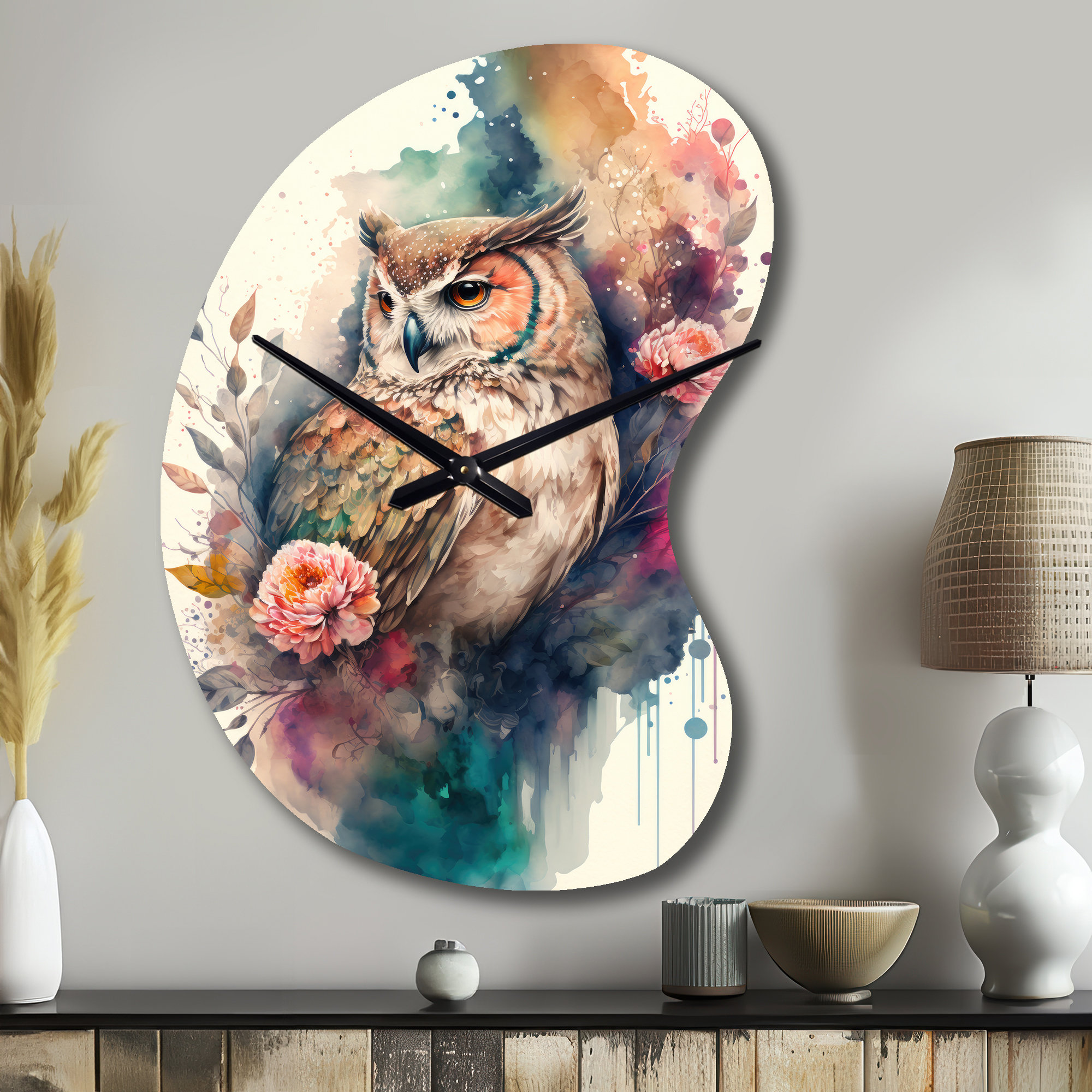Design Art Cute Owls Floral Art II - Boom Shape Unique Owl Wall Clock ...