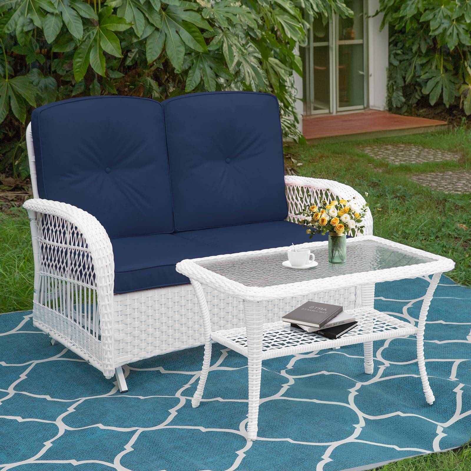 Winston Porter Outdoor Wicker Patio Glider Set, Loveseat For 2 Person ...