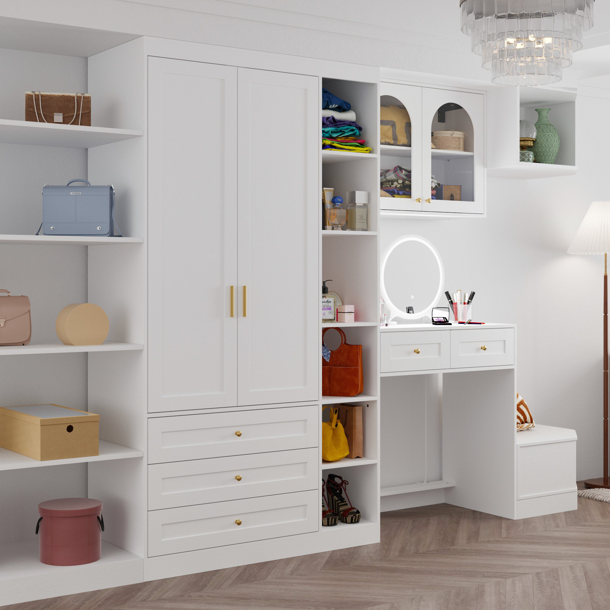 Morinome White Makeup Vanity Table Armoire With Round LED Mirror ...