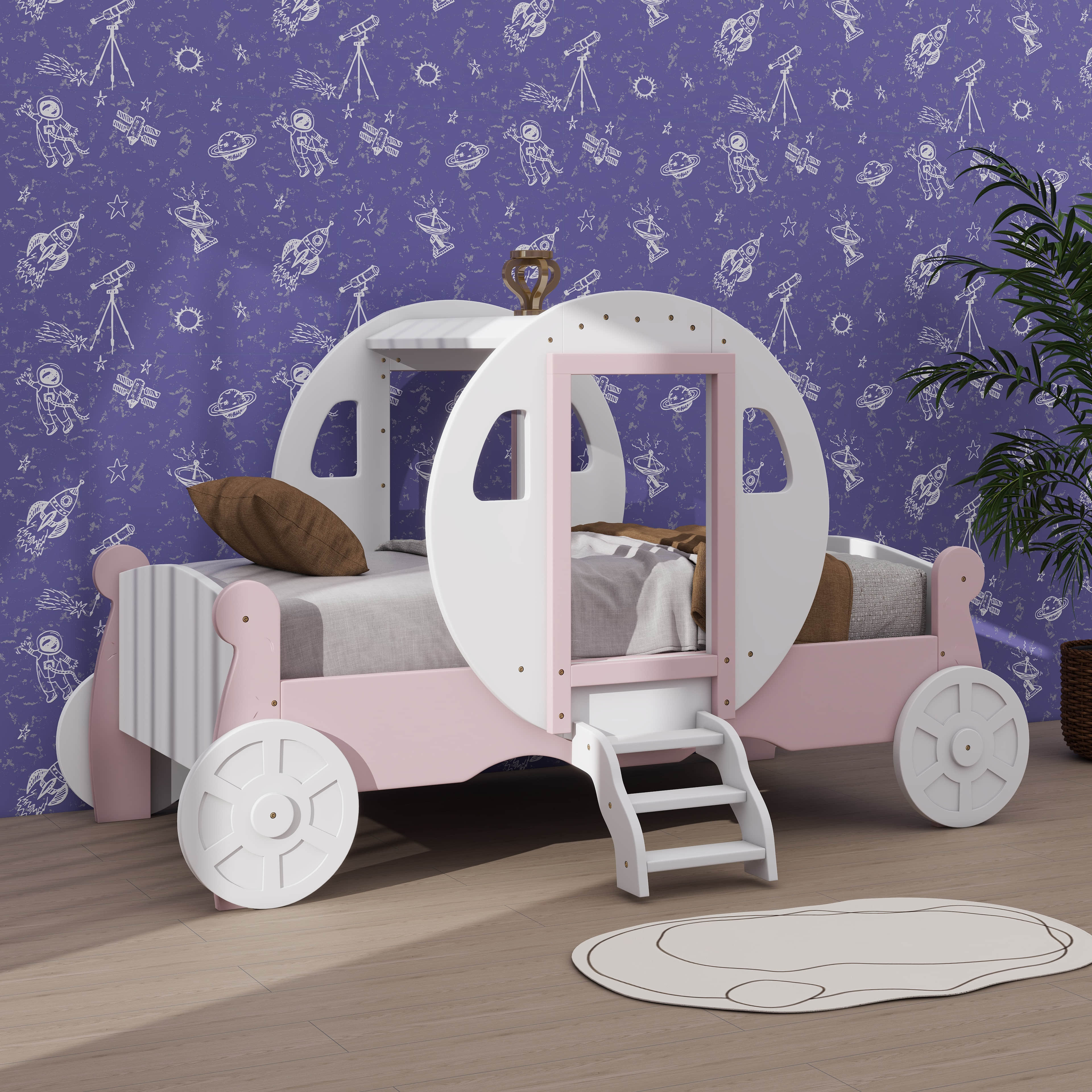 Red Barrel Studio® Crown-Adorned Twin-Sized Princess Carriage Bed, Wood ...