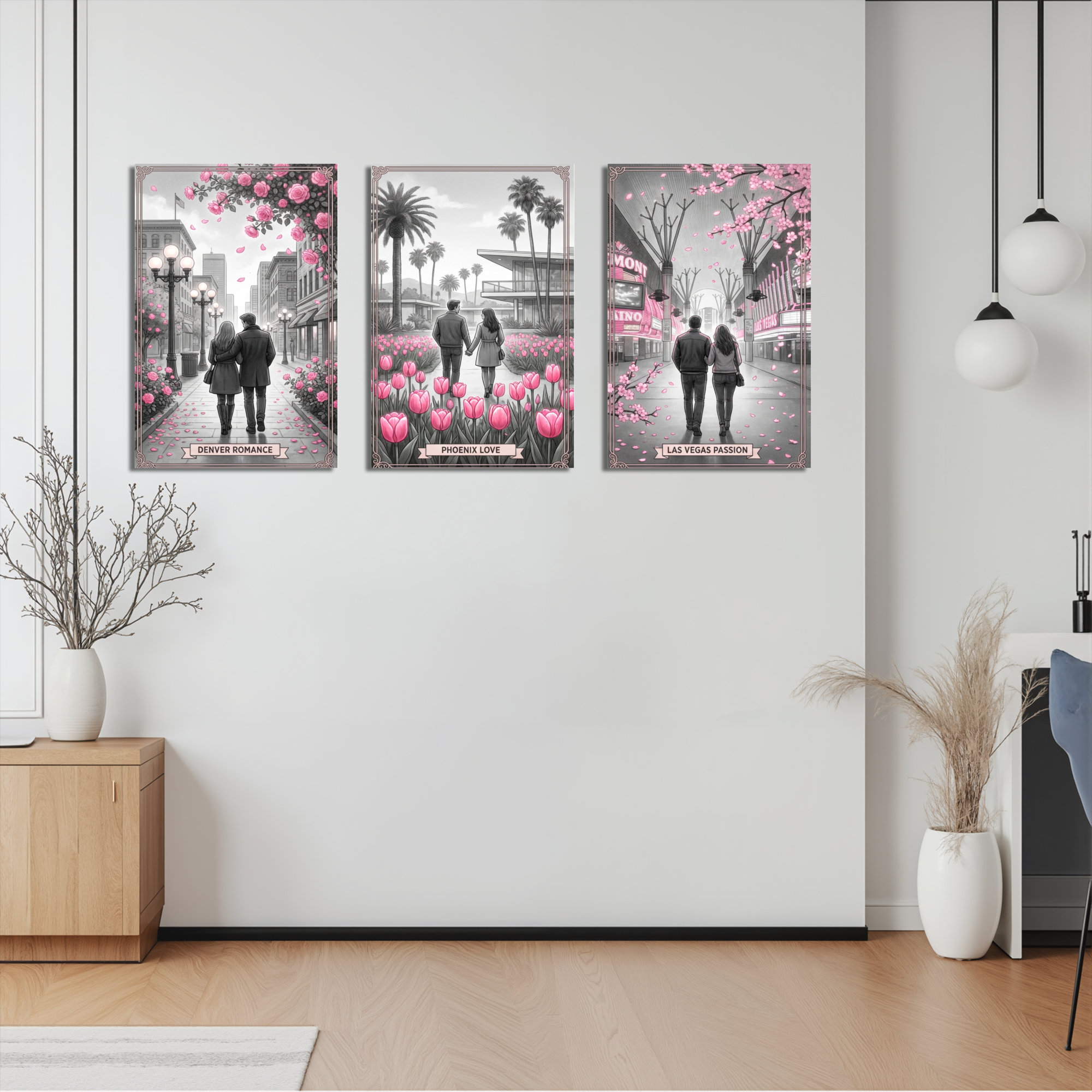 Winston Porter Romantic Couple Walk In City With Pink Flowers Canvas ...
