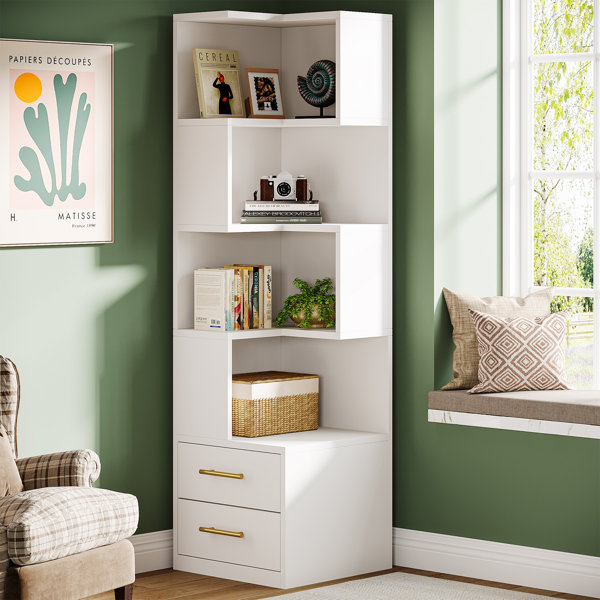 Mercer41 66.9" H Corner Bookcase With 5-Tier Shelf And 2 Drawers, L ...
