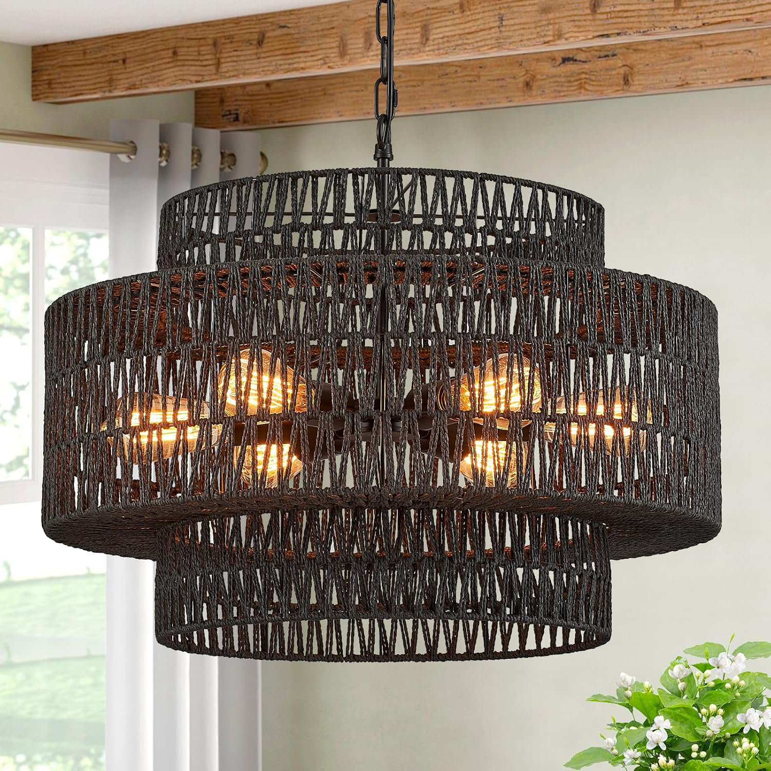 Dakota Fields Hand-Woven Rattan Chandelier With Vintage Farmhouse ...