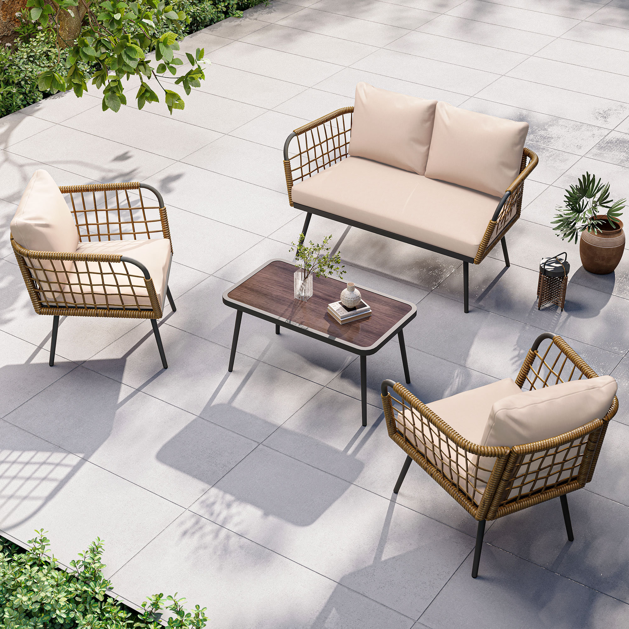 Bay Isle Home™ 4-Piece Outdoor Wicker Conversation Set with Loveseat ...