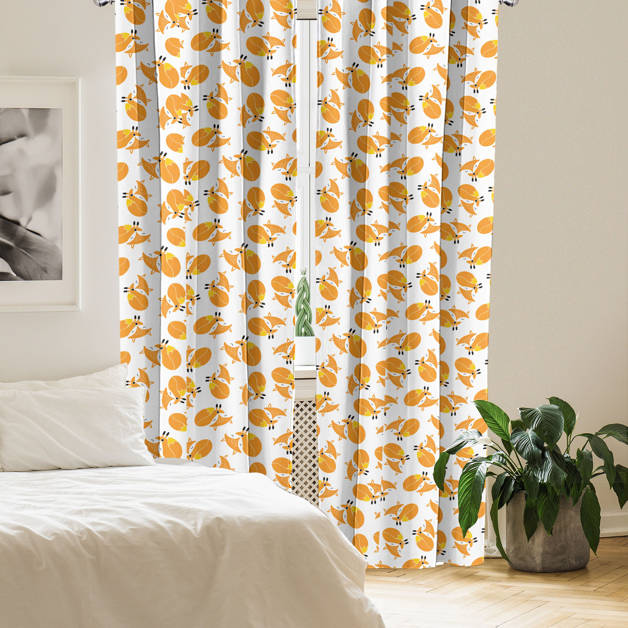 Dakota Fields Cartoon 4-Panel Curtains, Sleeping Fox Cub, Marigold Earth Yellow | Wayfair