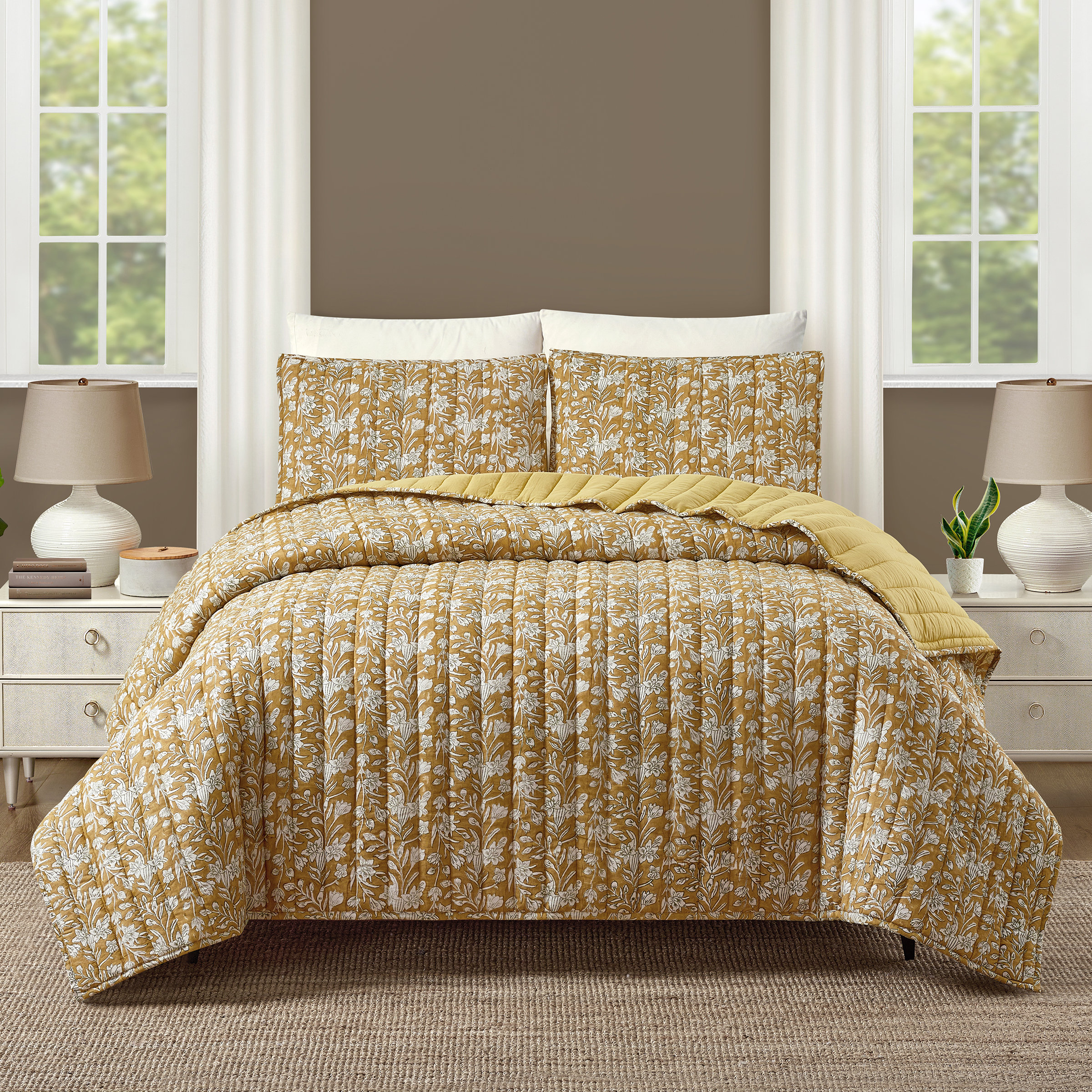 Modern Heirloom Sketched Floral Block Print 3-Piece Cotton Voile Quilt ...