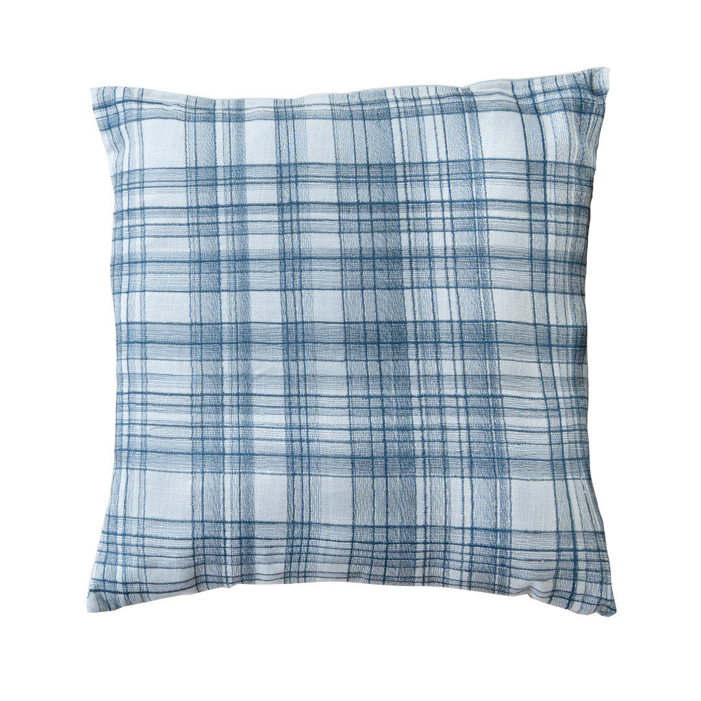 HomeRoots 20" Blue Check Cotton Blend Throw Pillow With Embroidery ...