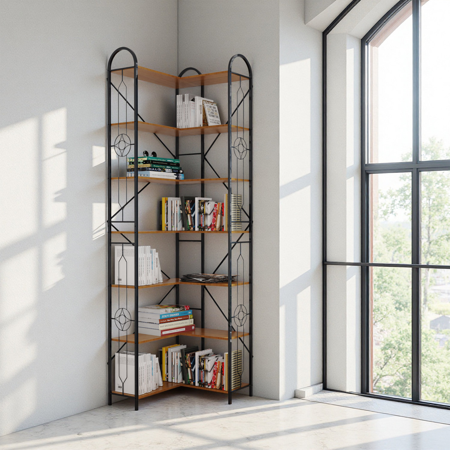 17 Stories 7 Shelf Bookcase, Modern High Bookcase, Thickened Iron Frame ...