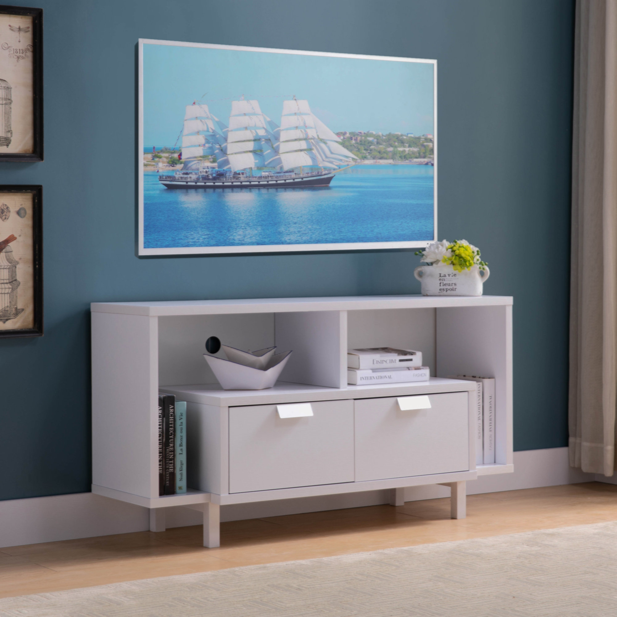 Ebern Designs Meuble télé moderne avec deux tablettes et deux tiroirs ...