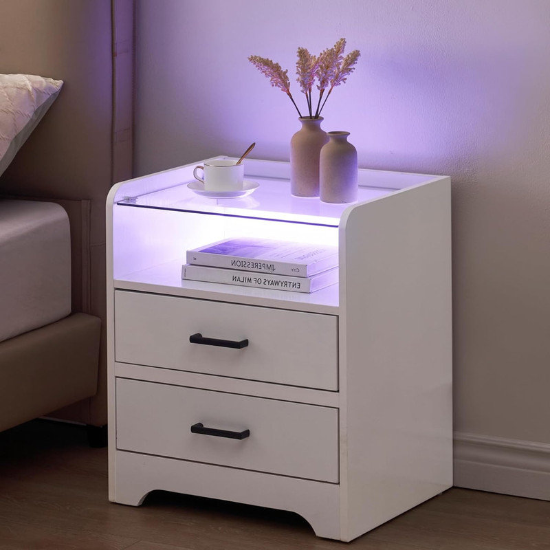 Wrought Studio™ White LED Nightstand With Led Lights And Glass Top ...