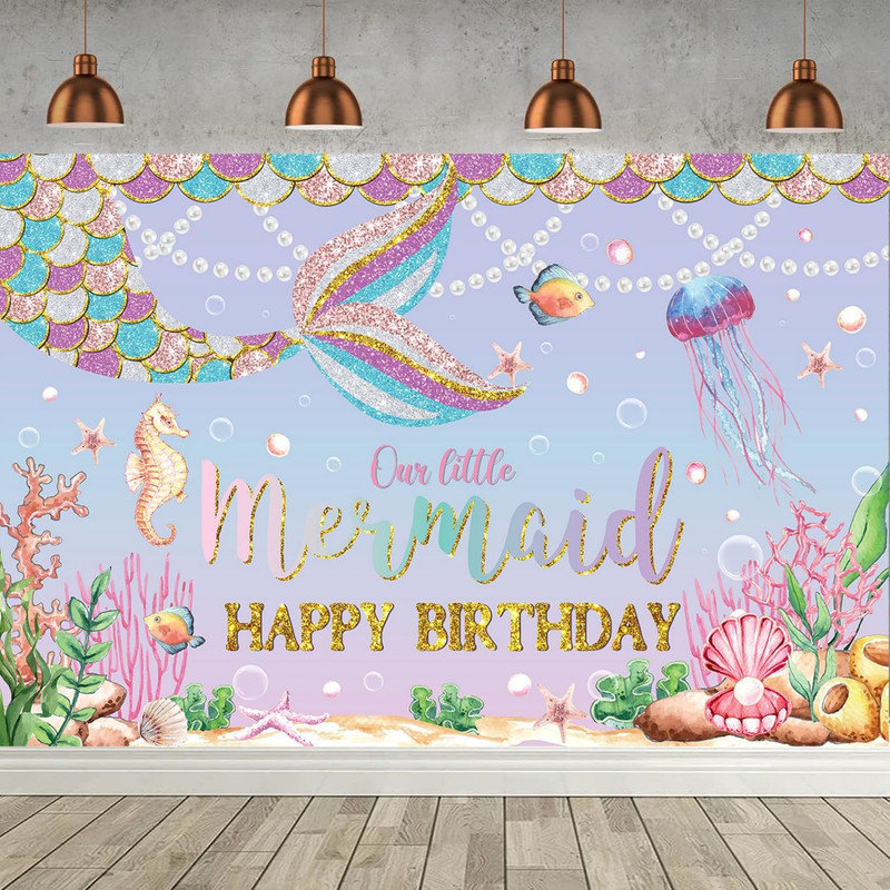 The Party Aisle™ Mermaid Happy Birthday Party Backdrops Colth 71x47 in ...