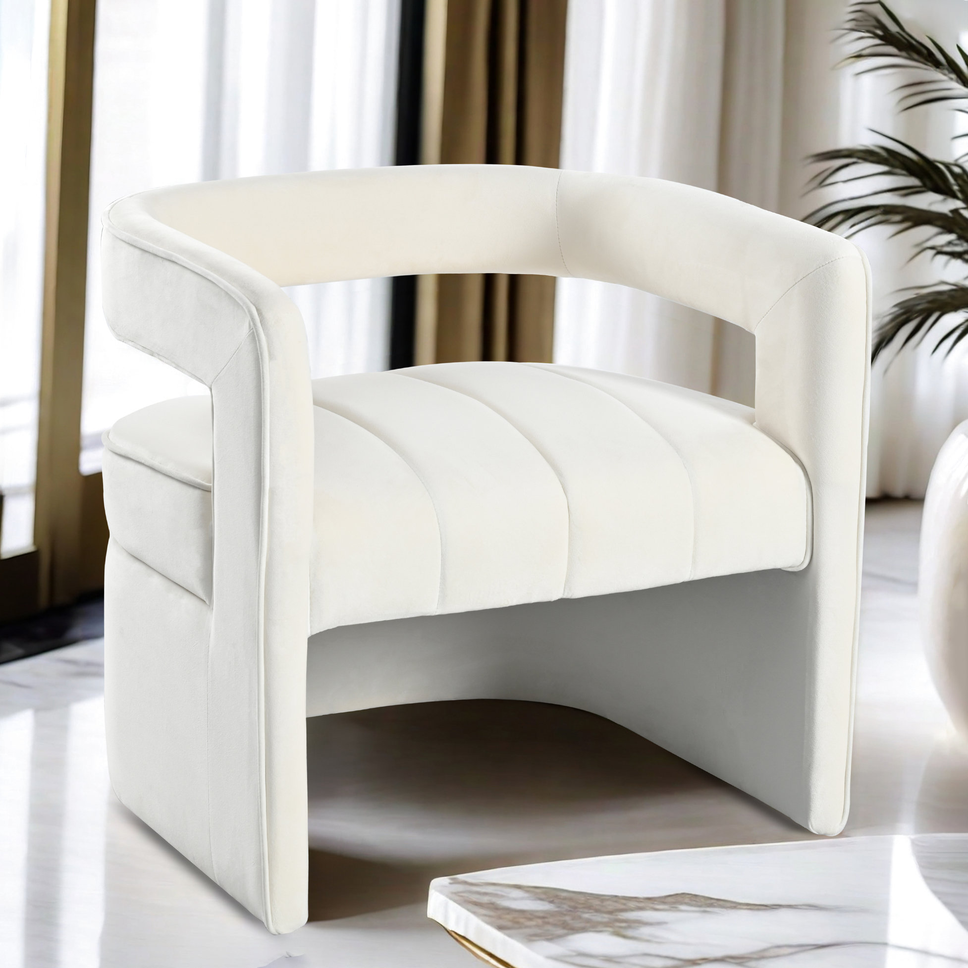 Corrigan Studio Modern Curved Chair In White Velvet - Ribbed Detail For ...