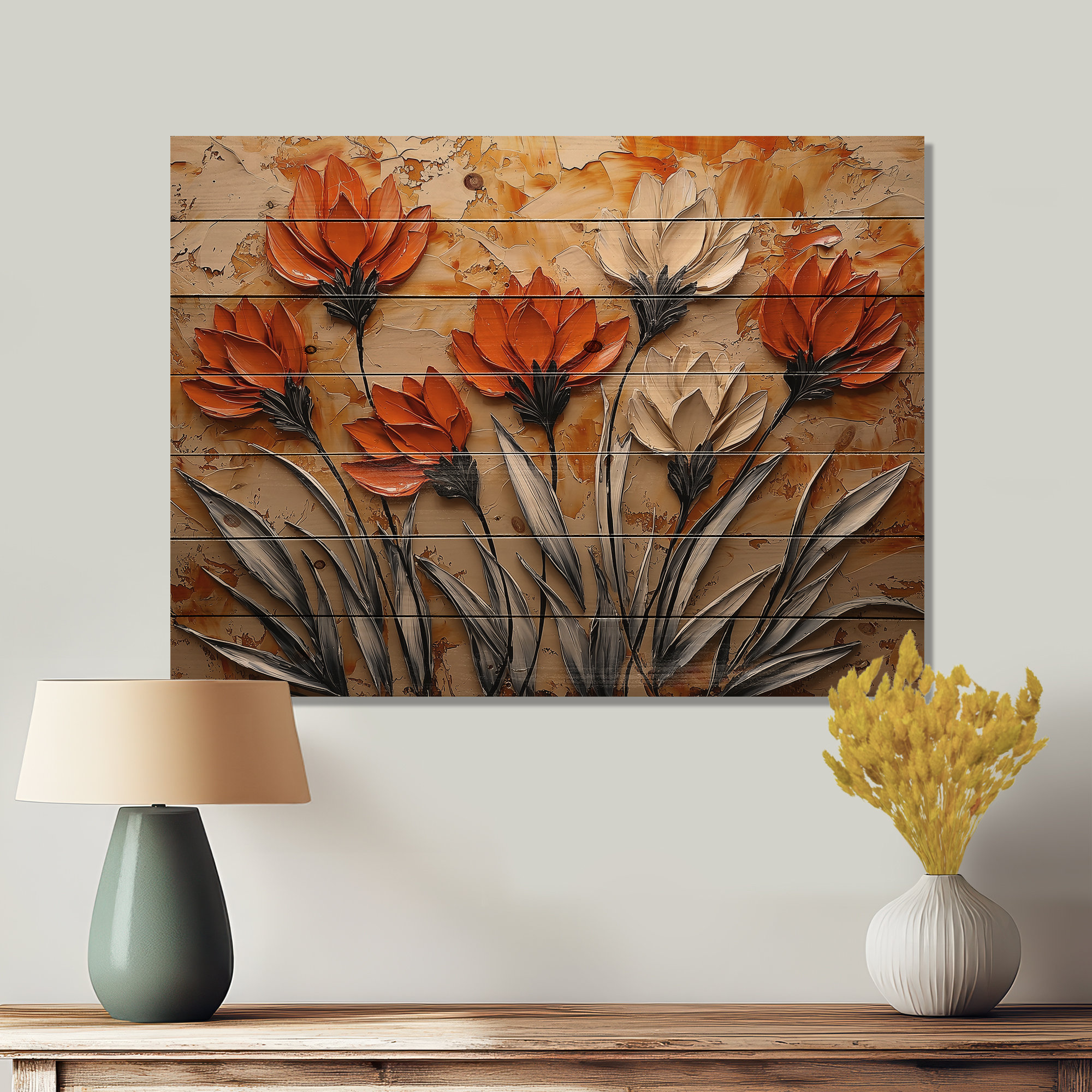 Ophelia & Co. White Orange Sunset Thistle Song Harmony III - Thistle Wood Print - On Natural ...