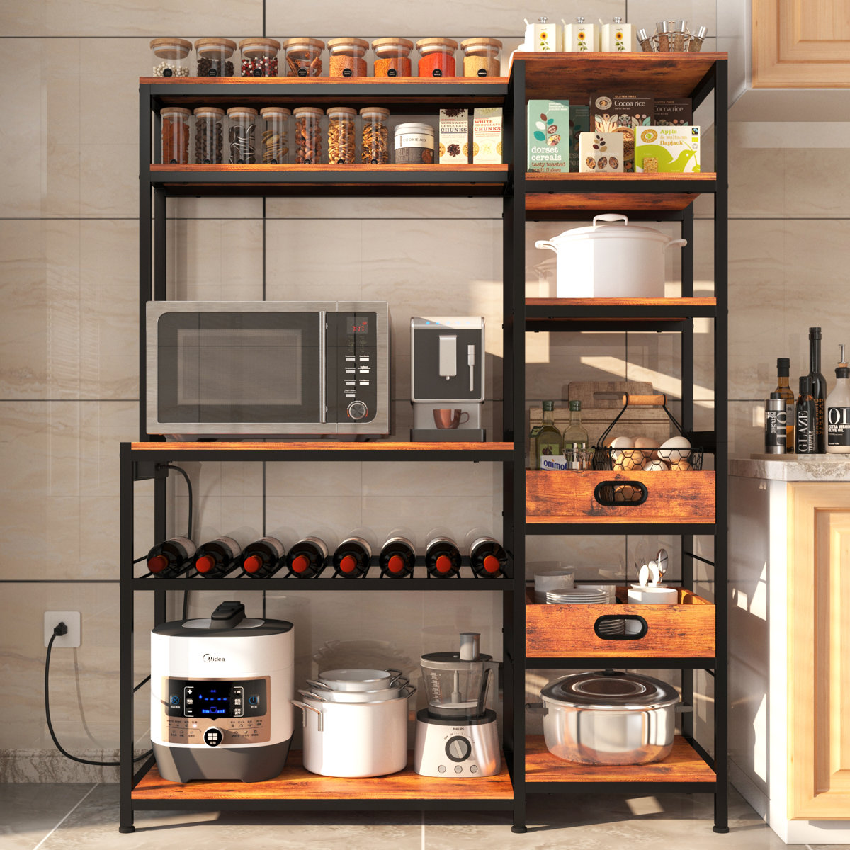 NAIYUFA Wide 49.6'' Metal Standard Bakers Rack With Wine Racks And Wood ...