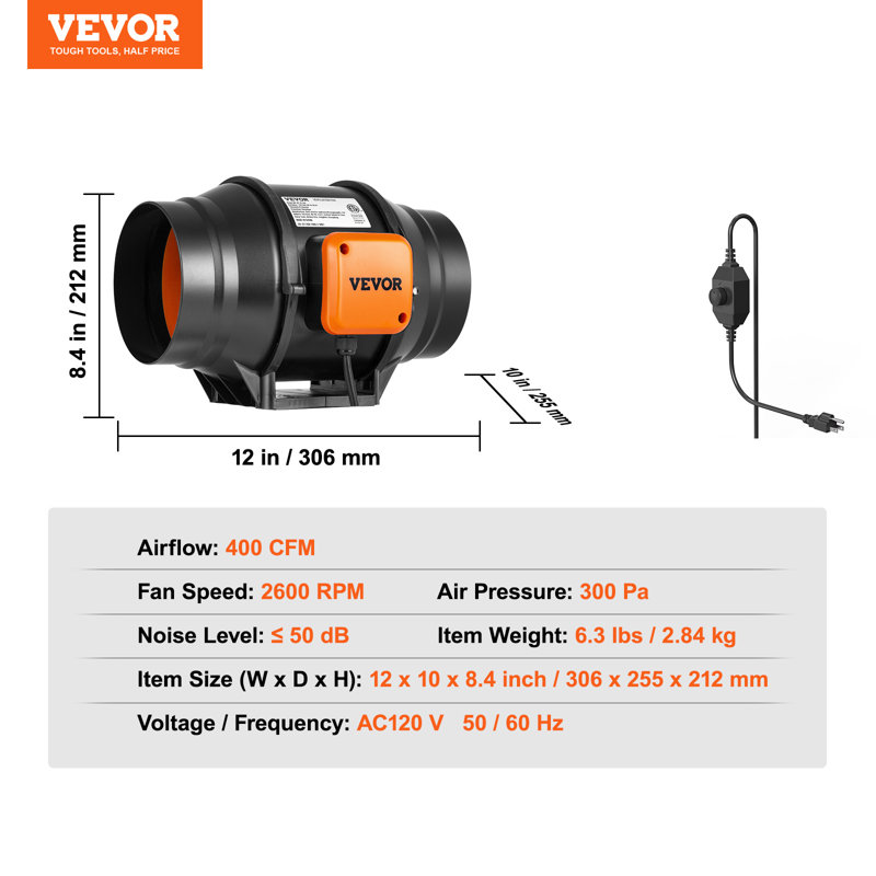VEVOR 60 Watt Inline Duct Fan | Wayfair