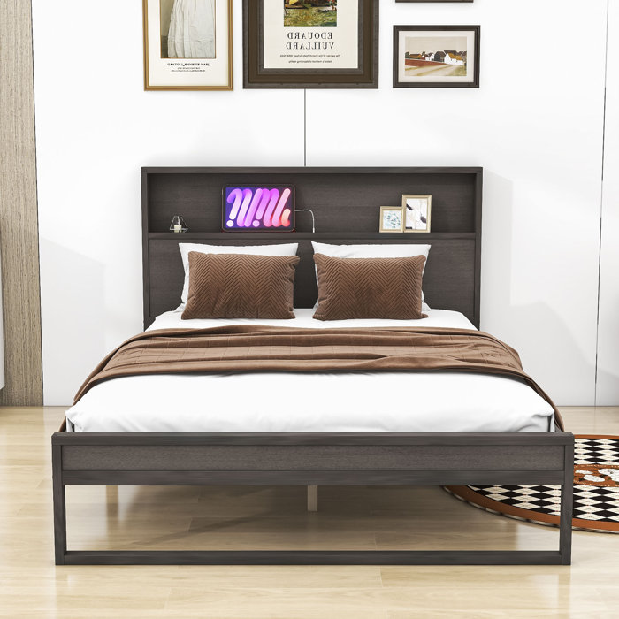 Latitude Run® Wooden Platform Bed with Storage Headboard, Socket and ...