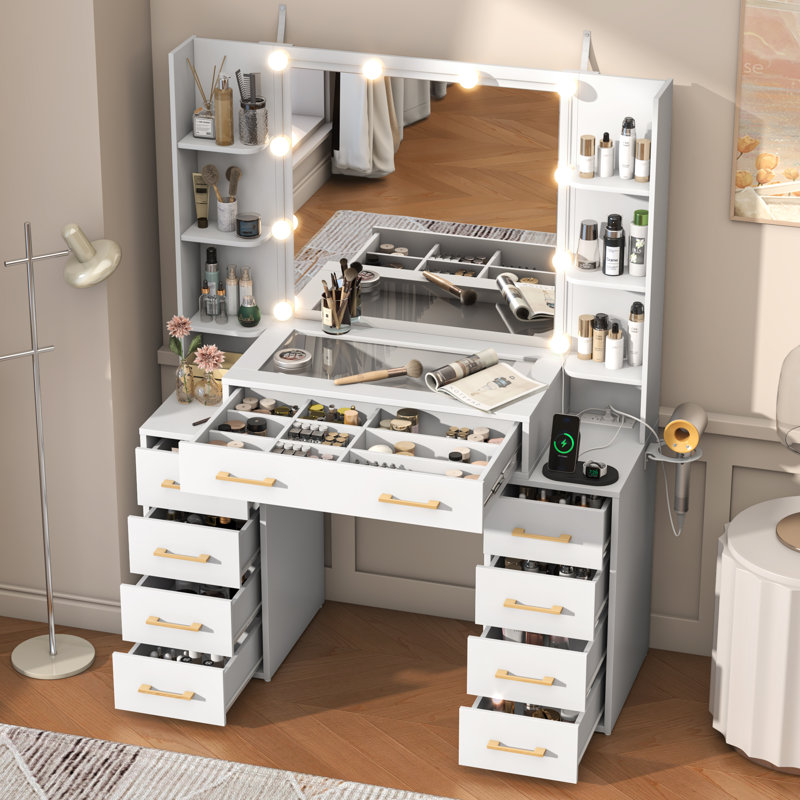 Ebern Designs Tempered Glass Top Makeup Vanity Desk With LED Lights And ...