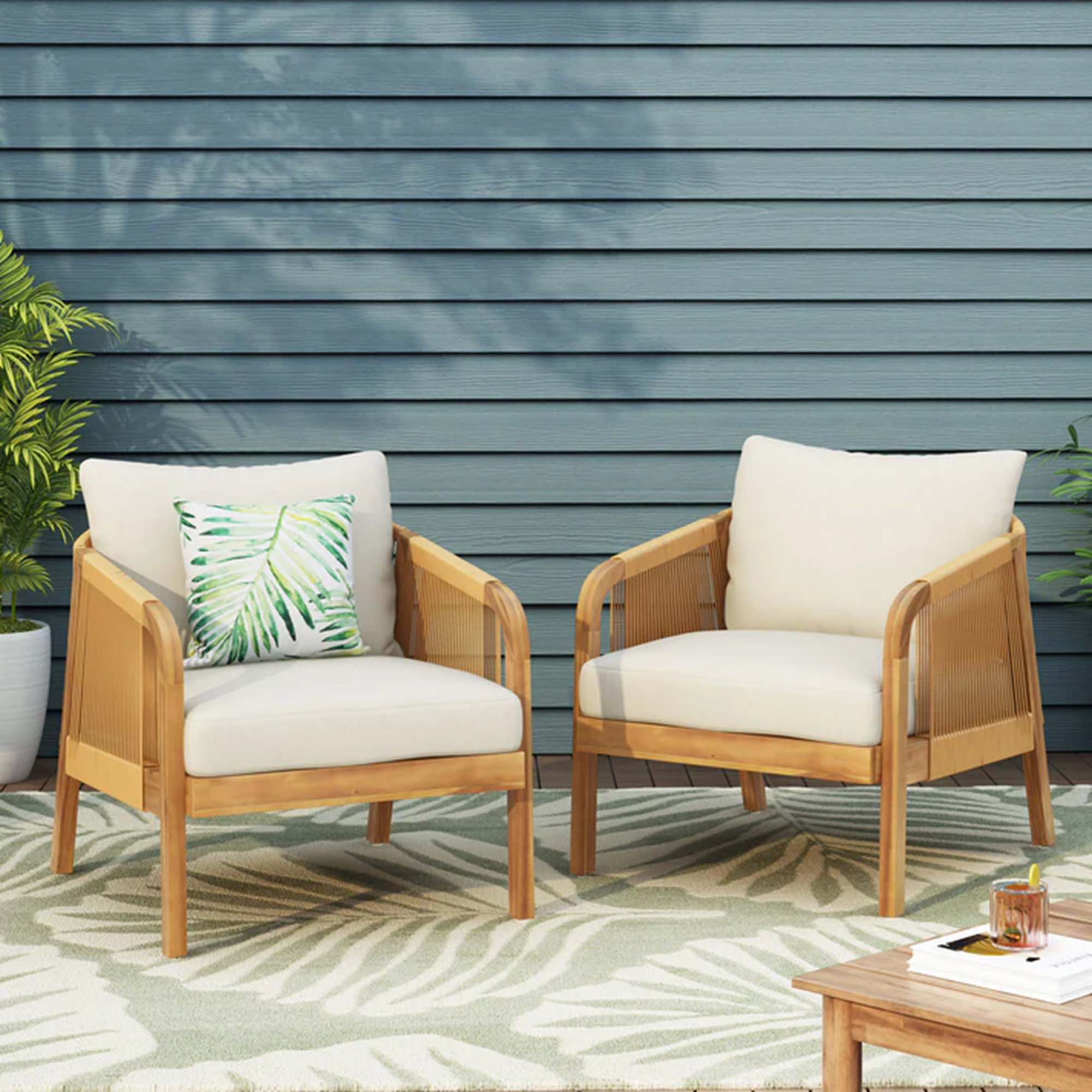 Dakota Fields Set of 2, Acacia Wood and Wicker Outdoor Club Chair, Deep ...