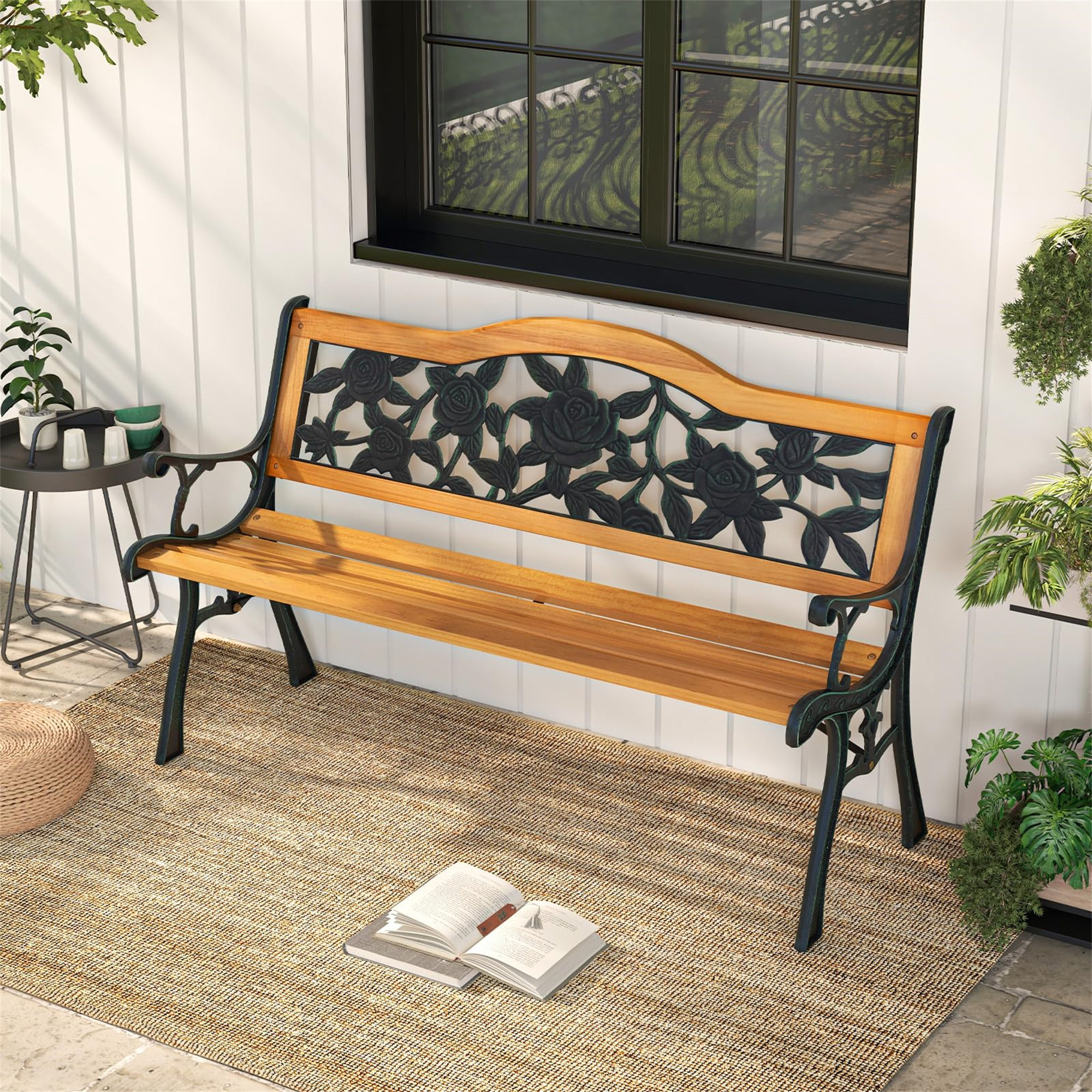Alcott Hill Outdoor Bench, Curved Arms, Floral Back, 470 Lbs. - Wayfair ...