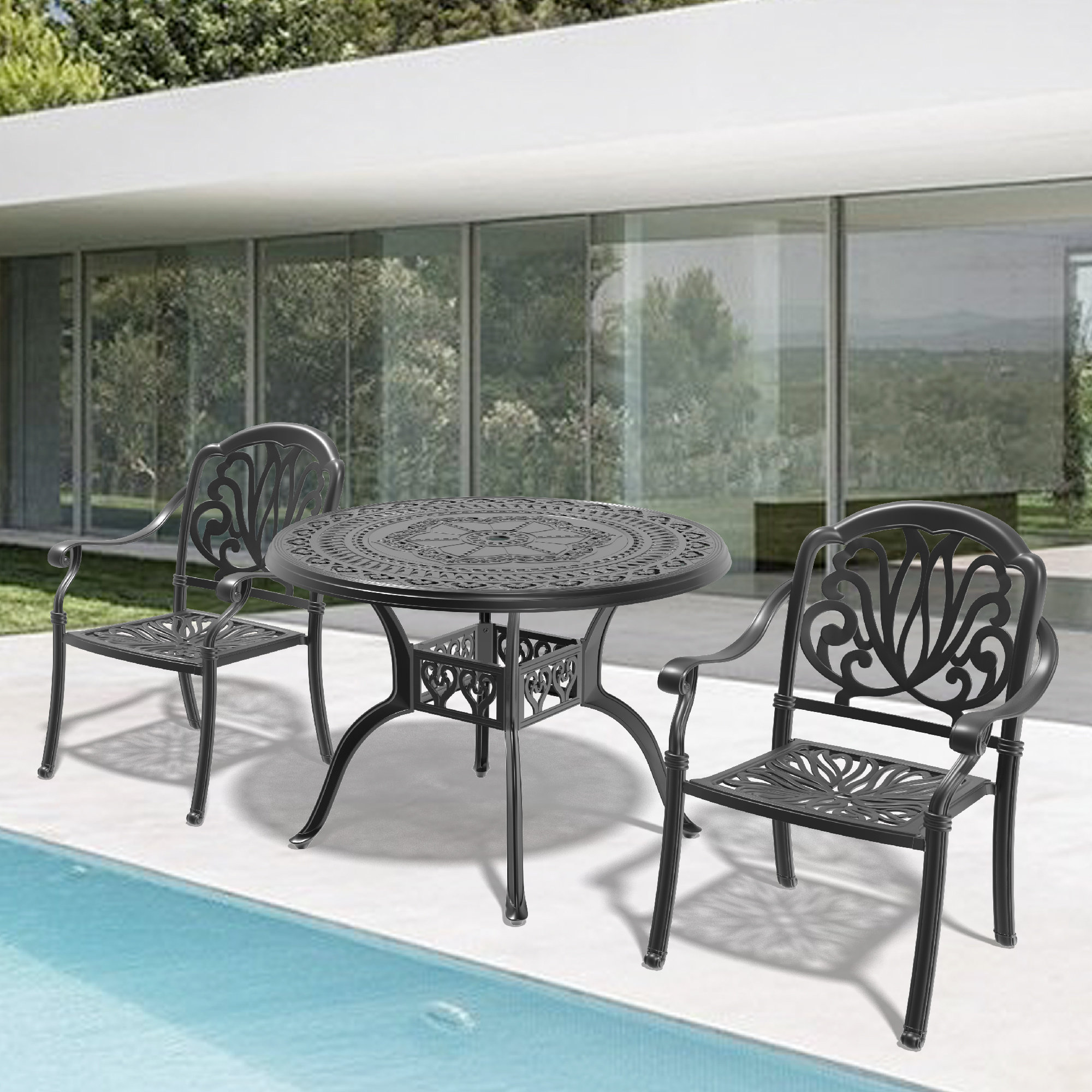 MIRROR FLY 39.37-inch Round Table Cast Aluminum Outdoor Dining Set with ...