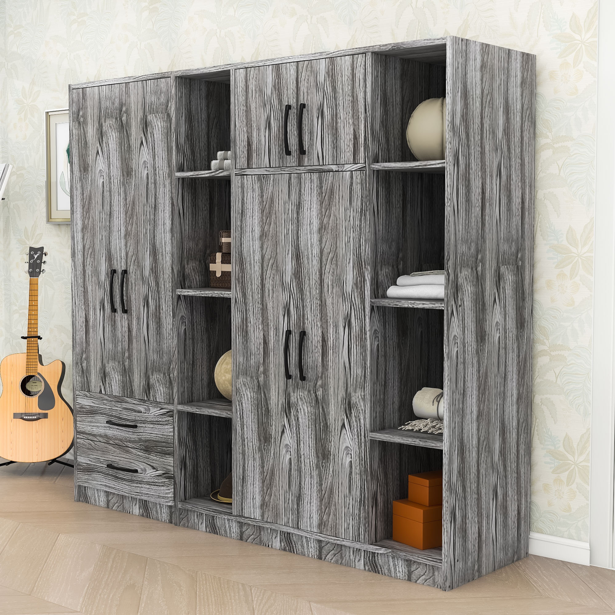 Gracie Oaks Wood Wardrobe with Storage Shelves and Drawers | Wayfair