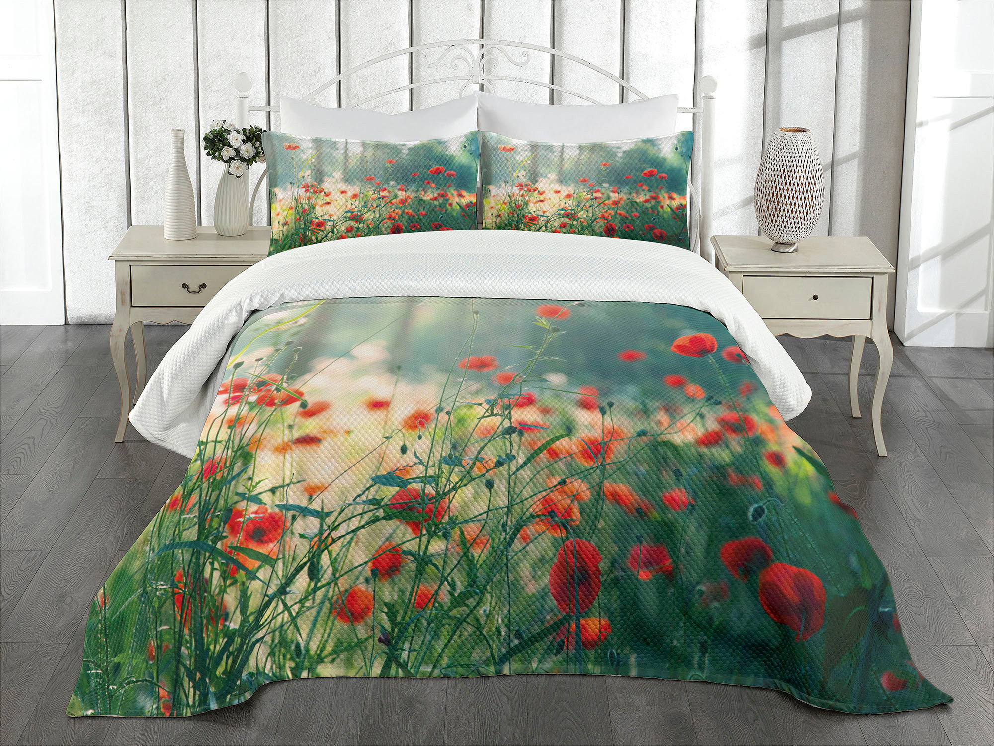 Ambesonne Nature Bedspread Set Wild Red Poppy Field Red Green Yellow ...