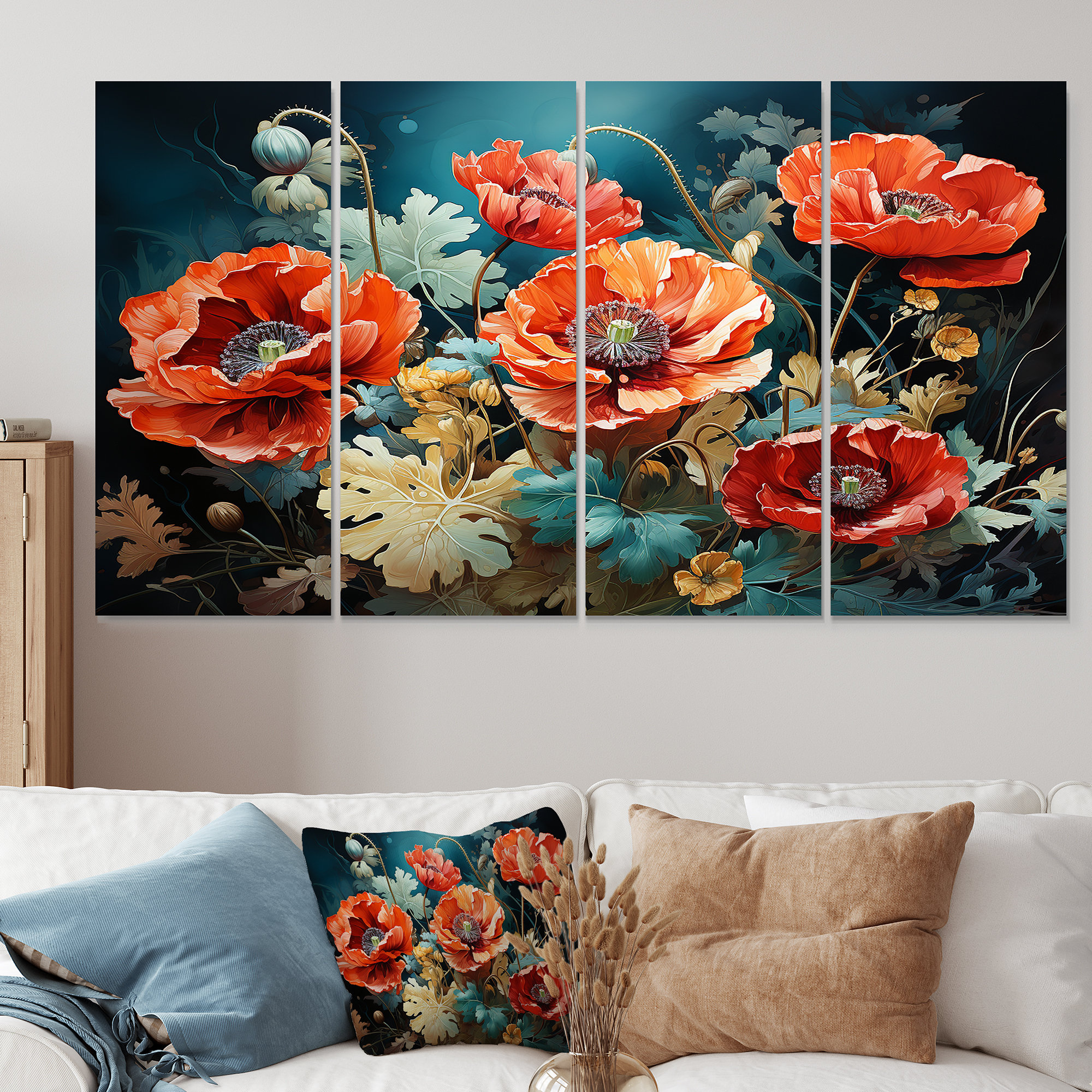 Ebern Designs Red And Green Poppy Reverie I - Poppies 4 Piece Wall Art ...