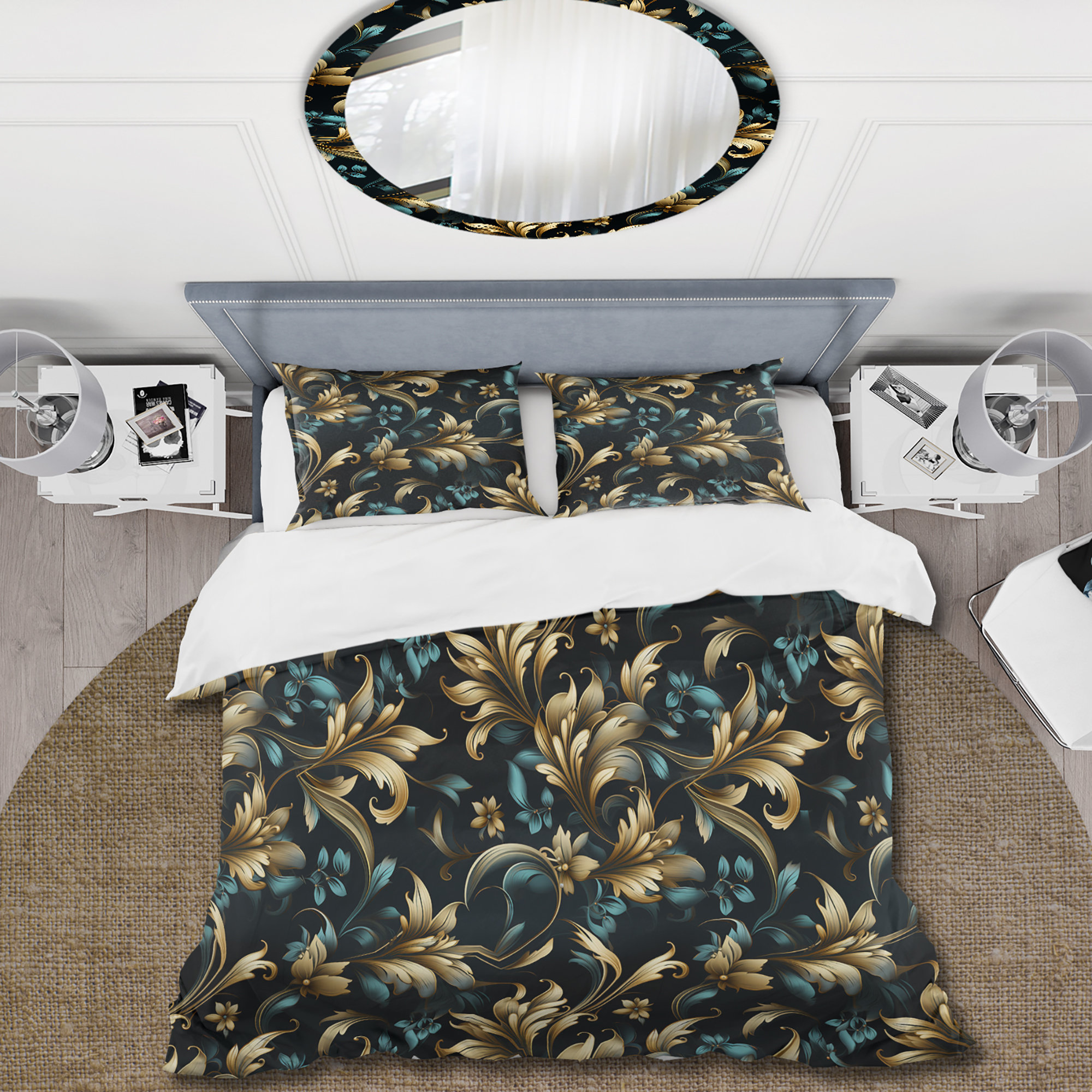 Design Art Dark Blue And Golden Techno Damask Realm I - Damask Duvet ...