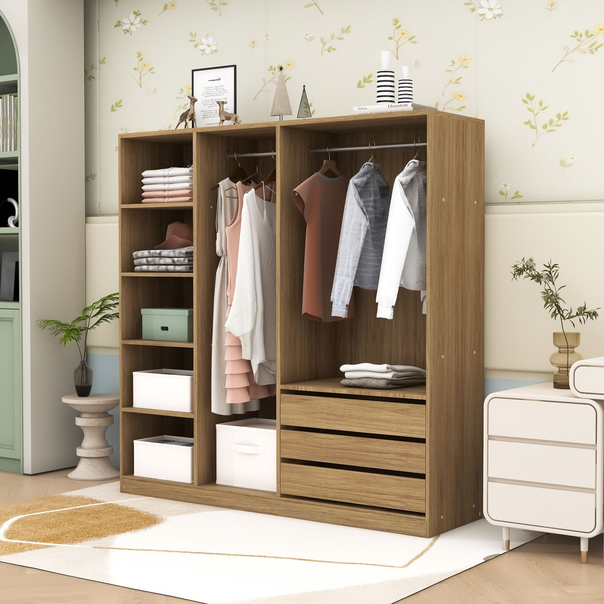 Ebern Designs Doorless Wooden Storage Wardrobe with Shelves and 3 ...