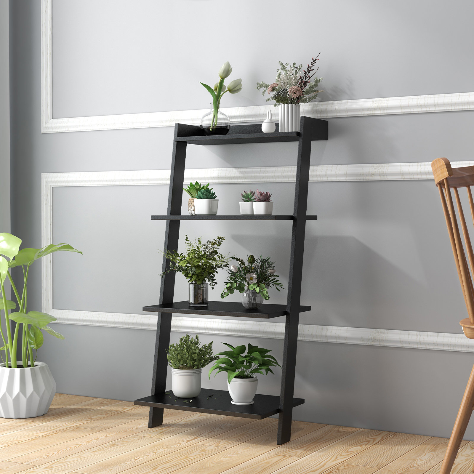 Ebern Designs 4-tier Ladder Shelf 43” Tall Wooden Leaning Bookshelf ...