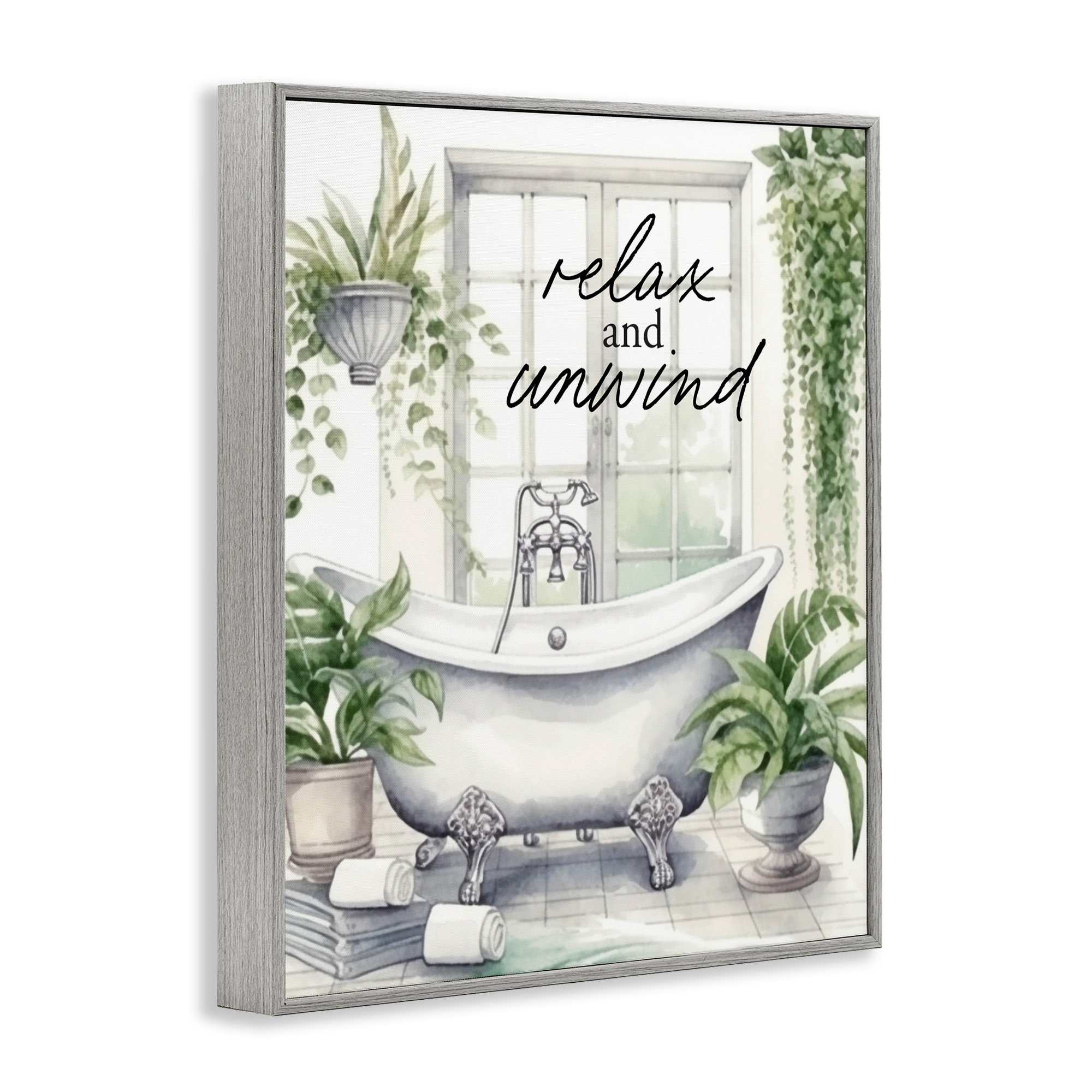 Ebern Designs Relax Unwind Bath & Foliage Framed Giclee, design by ...