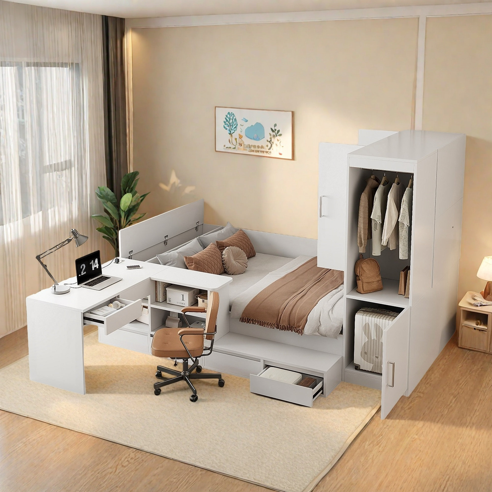 Latitude Run® 6 Drawers Storage Bed With Desk, Armoires And Cabinet ...