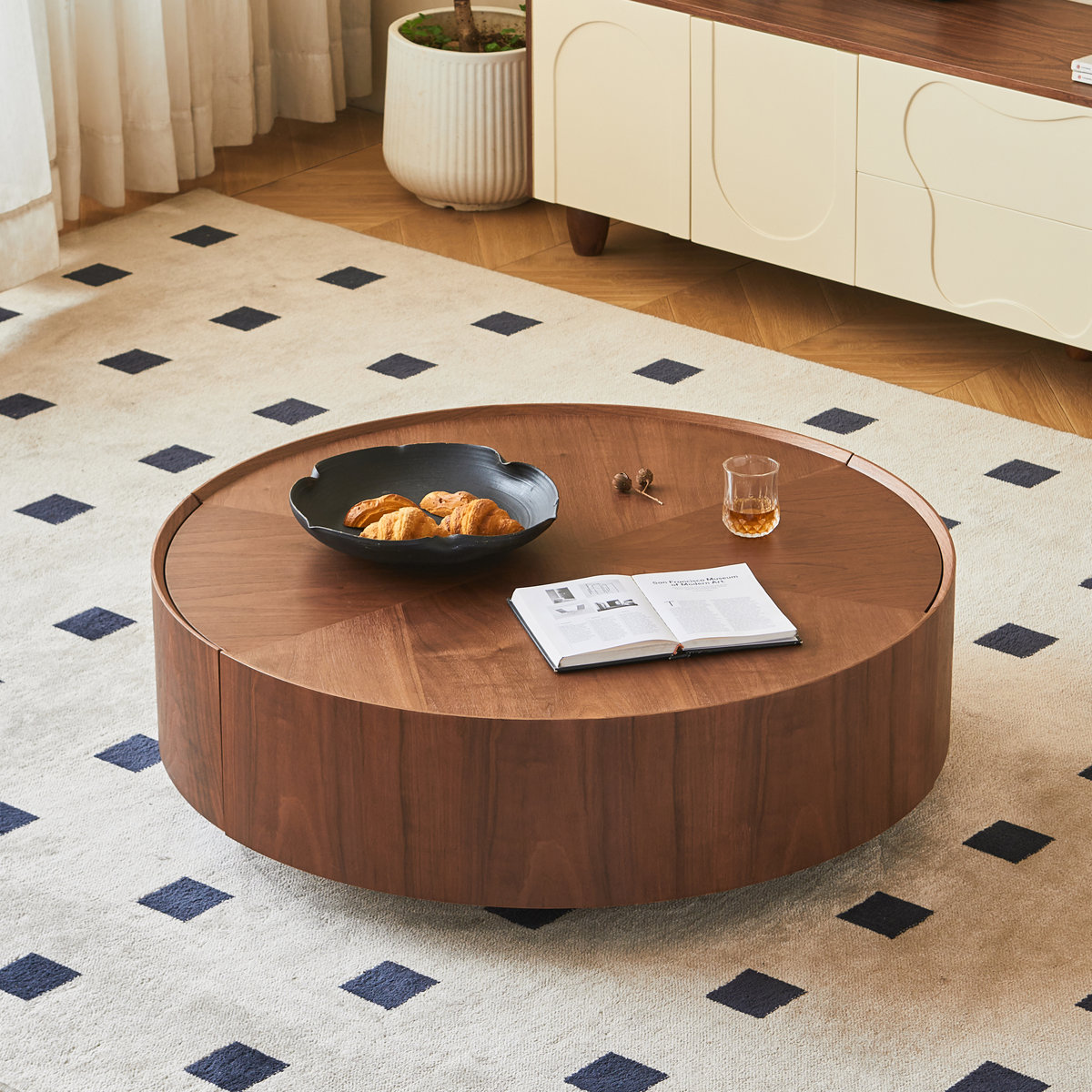 Loon Peak® Kemberton Walnut Round Coffee Table with Storage Drawers ...