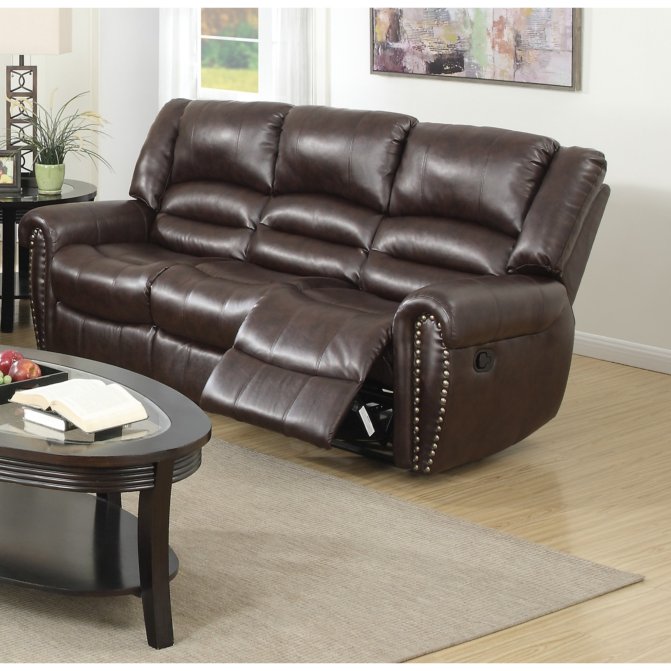 Lark Manor Plush Relax Manual Motion 3-Seat Dark Brown Bonded Leather ...