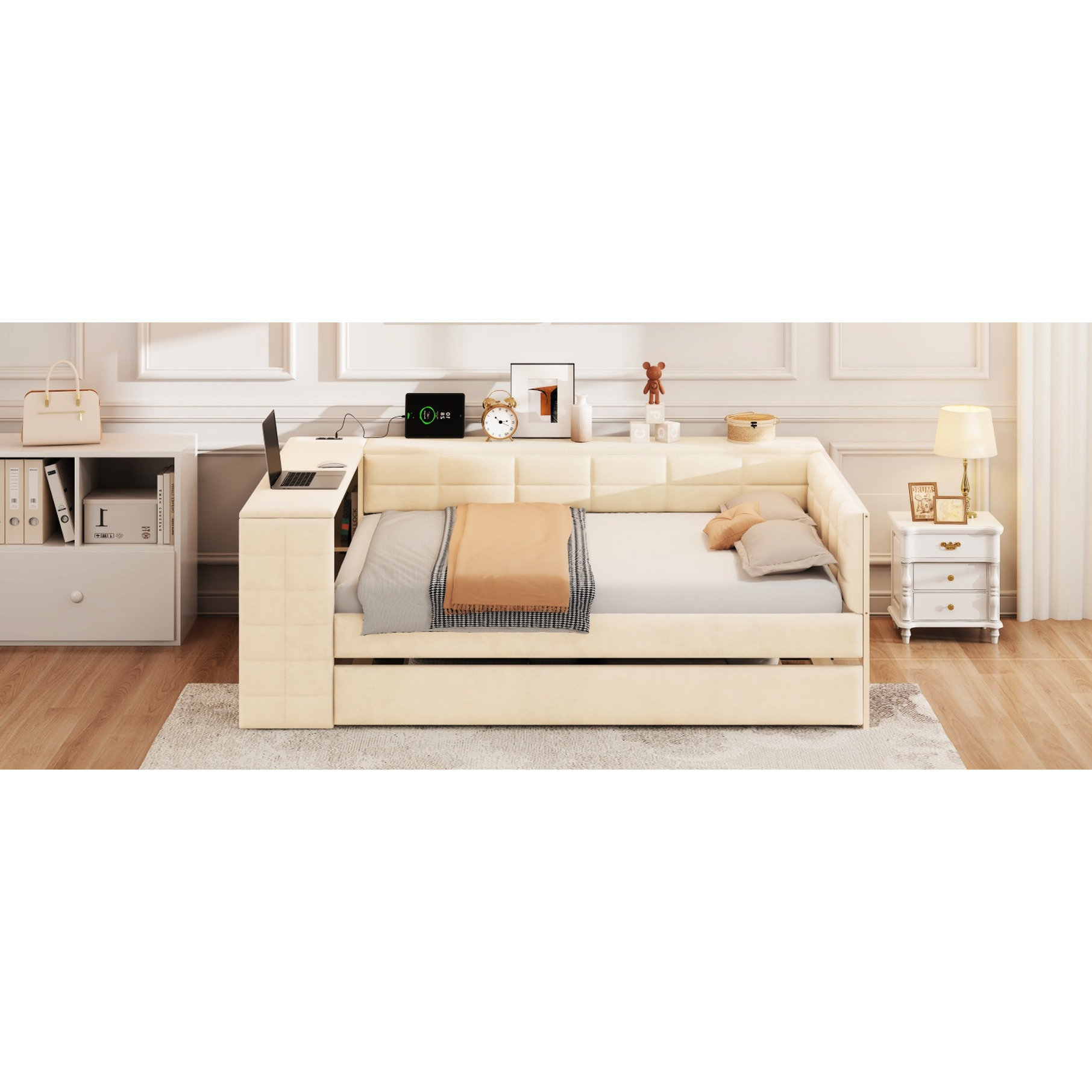 Latitude Run® Grey Full Size Upholstered Bed Featuring Storage Shelves ...