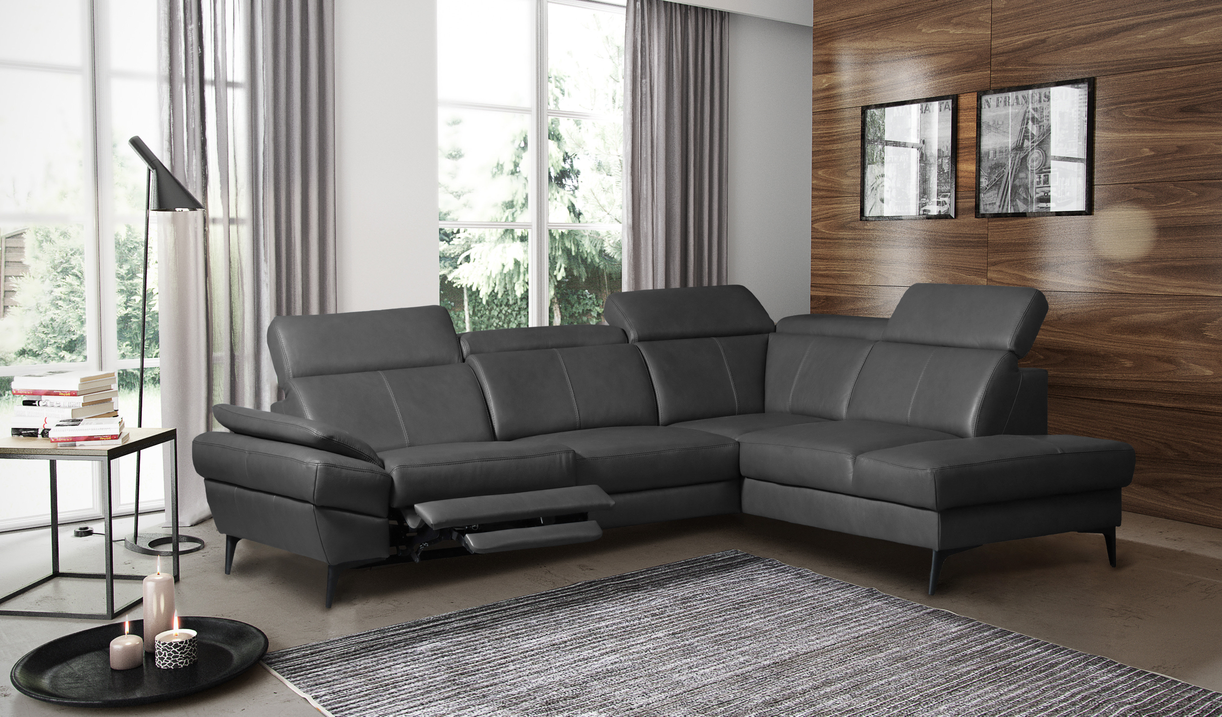 Ivy Bronx Genuine Leather Reclining Corner Sofa with Adjustable ...