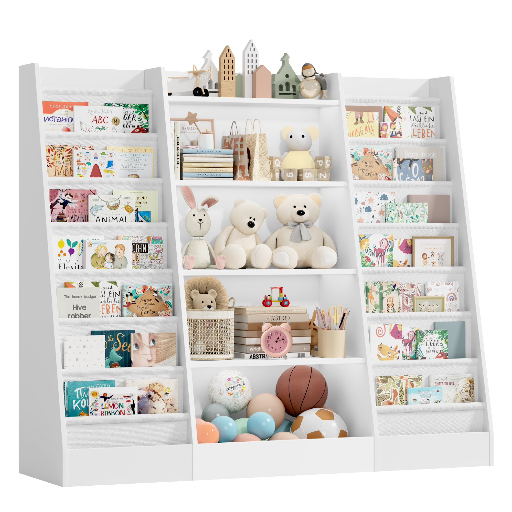 Ebern Designs Modern 5-Tier Kids Bookshelf with Fabric Storage Pockets ...