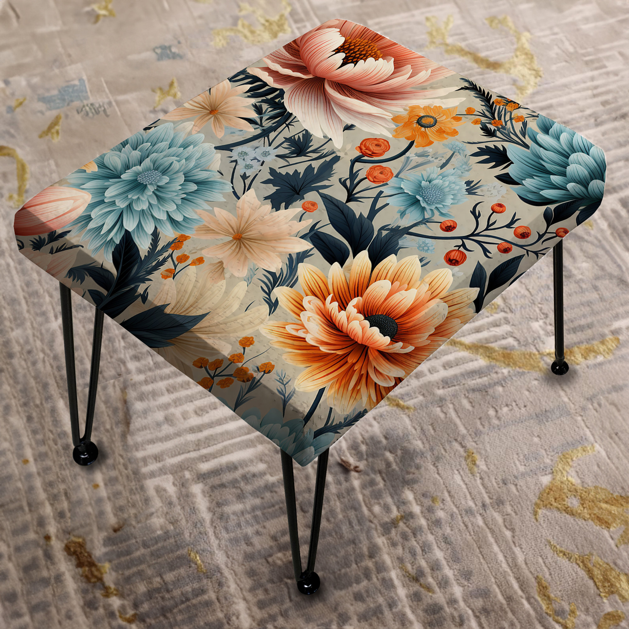 Design Art Blue Boho Floral Treasures - Floral Rectangle Ottoman | Wayfair