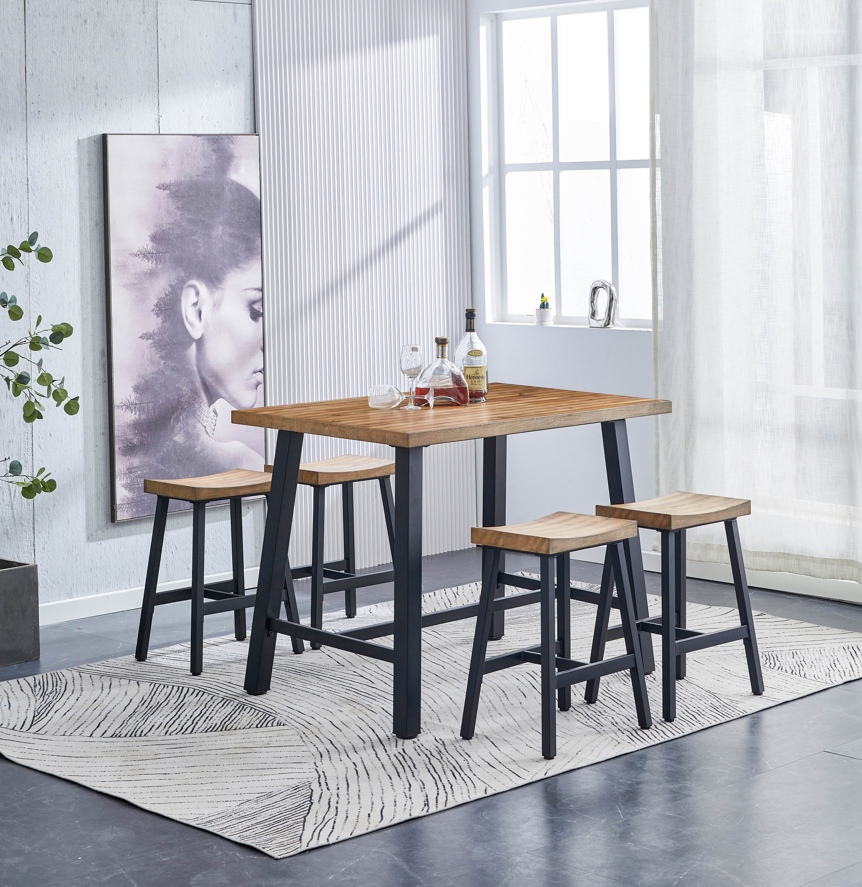 17 Stories 5PC Black Frame Metal Counter Table Set W/ Saddle Stools ...