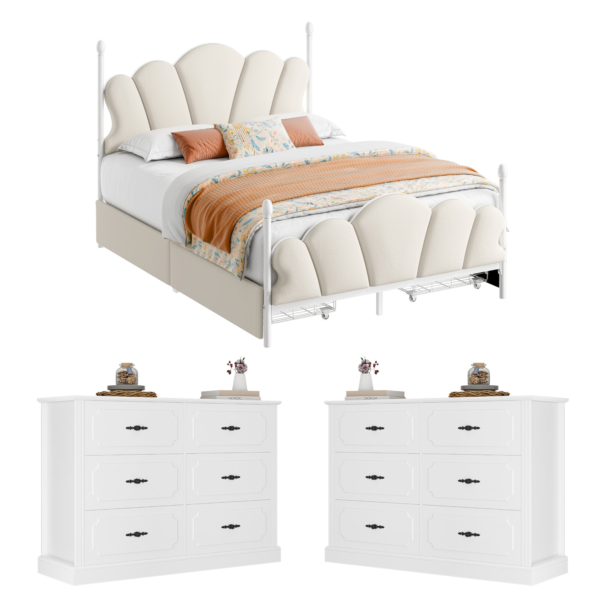 Charlton Home® 3-Piece White Bedroom Sets, Storage Bed With 4 Drawers ...