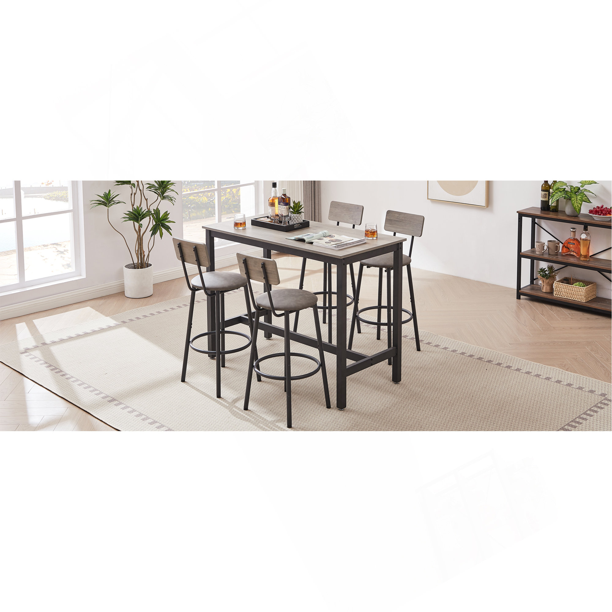 Ebern Designs Bar Table Set With Bar Stools PU Soft Seat With Backrest ...