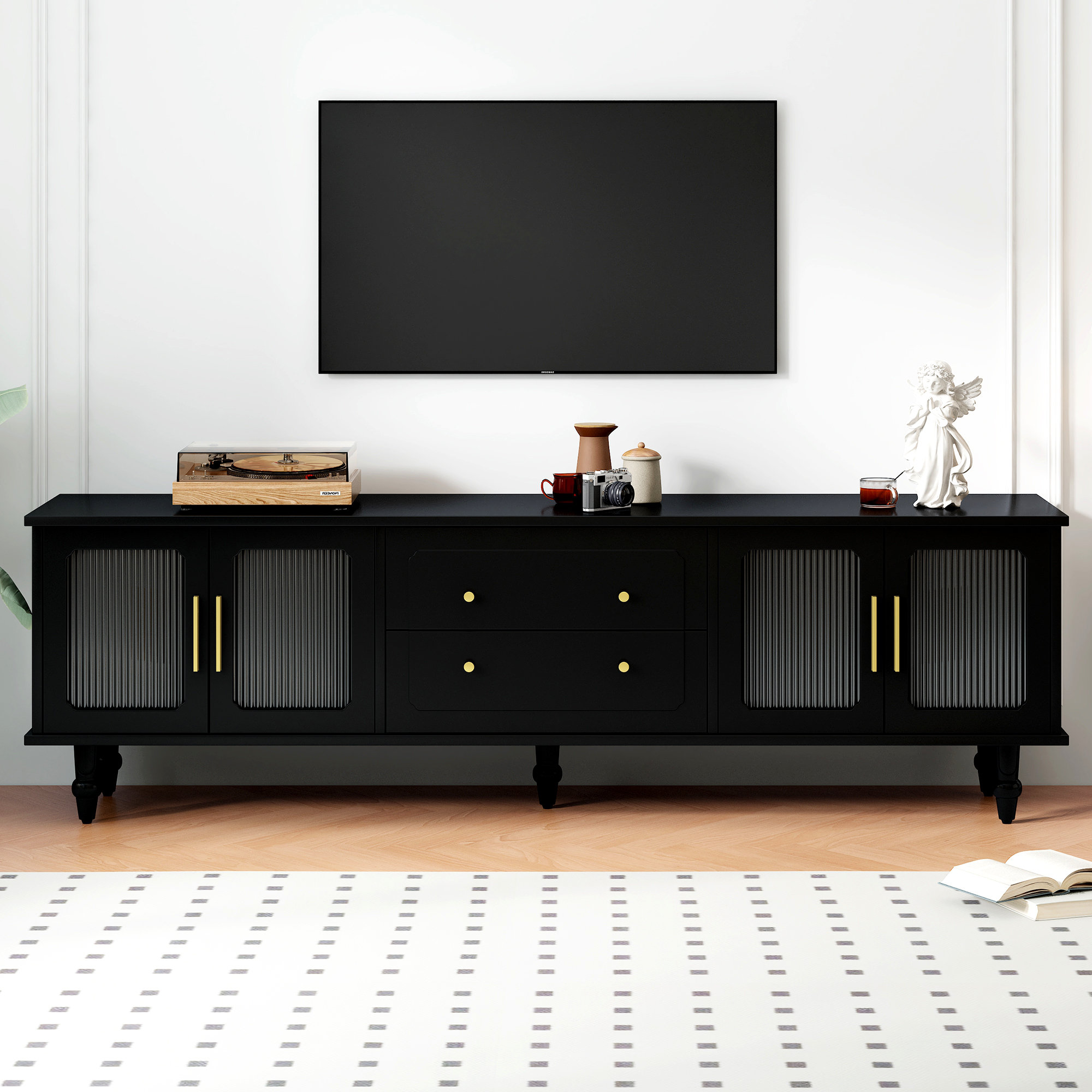 Alcott Hill Retro Design TV Stand With Fluted Glass Doors For Tvs Up To ...