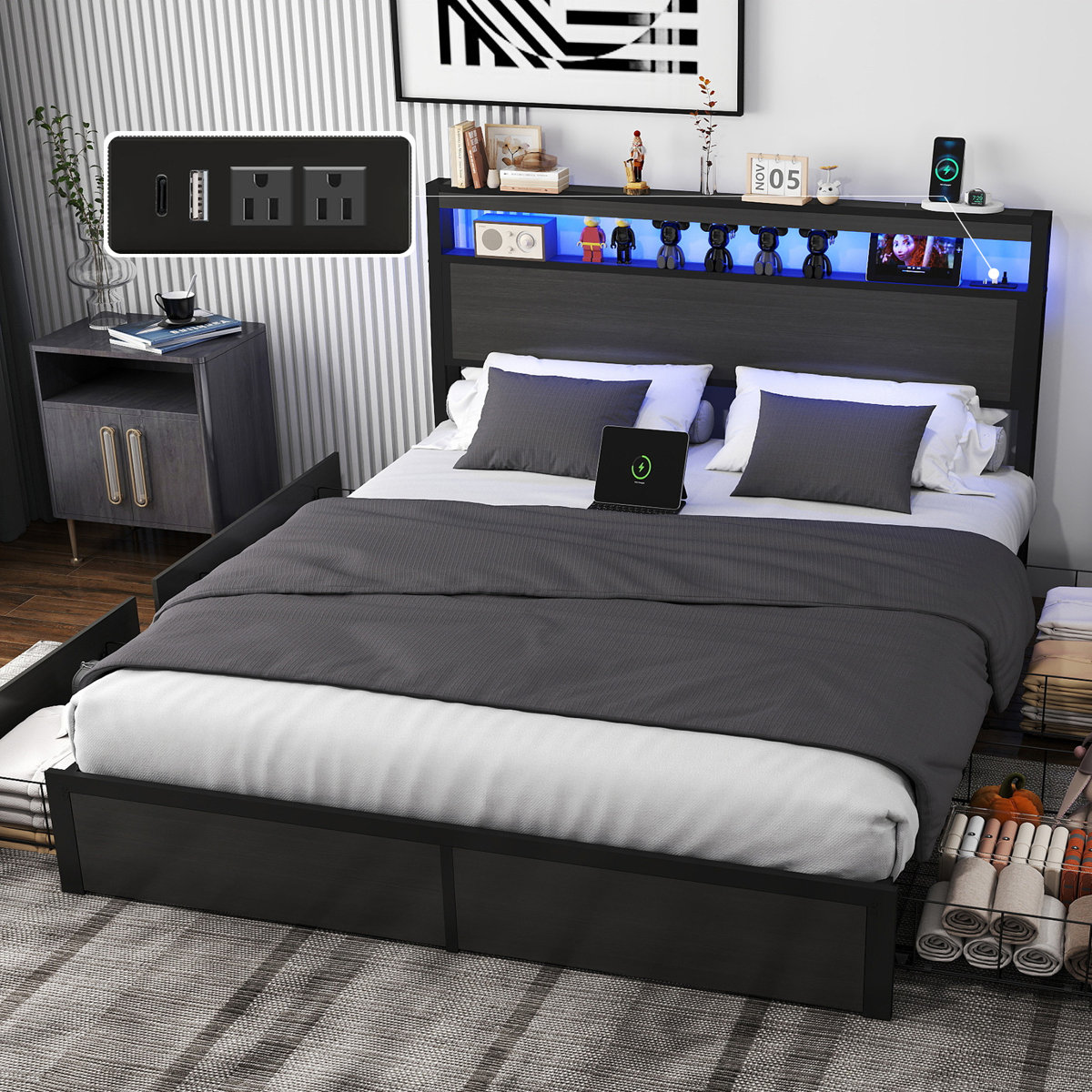 Wrought Studio Hugo Bed Frame with 4 Storage Drawers and 2-tier Solid ...