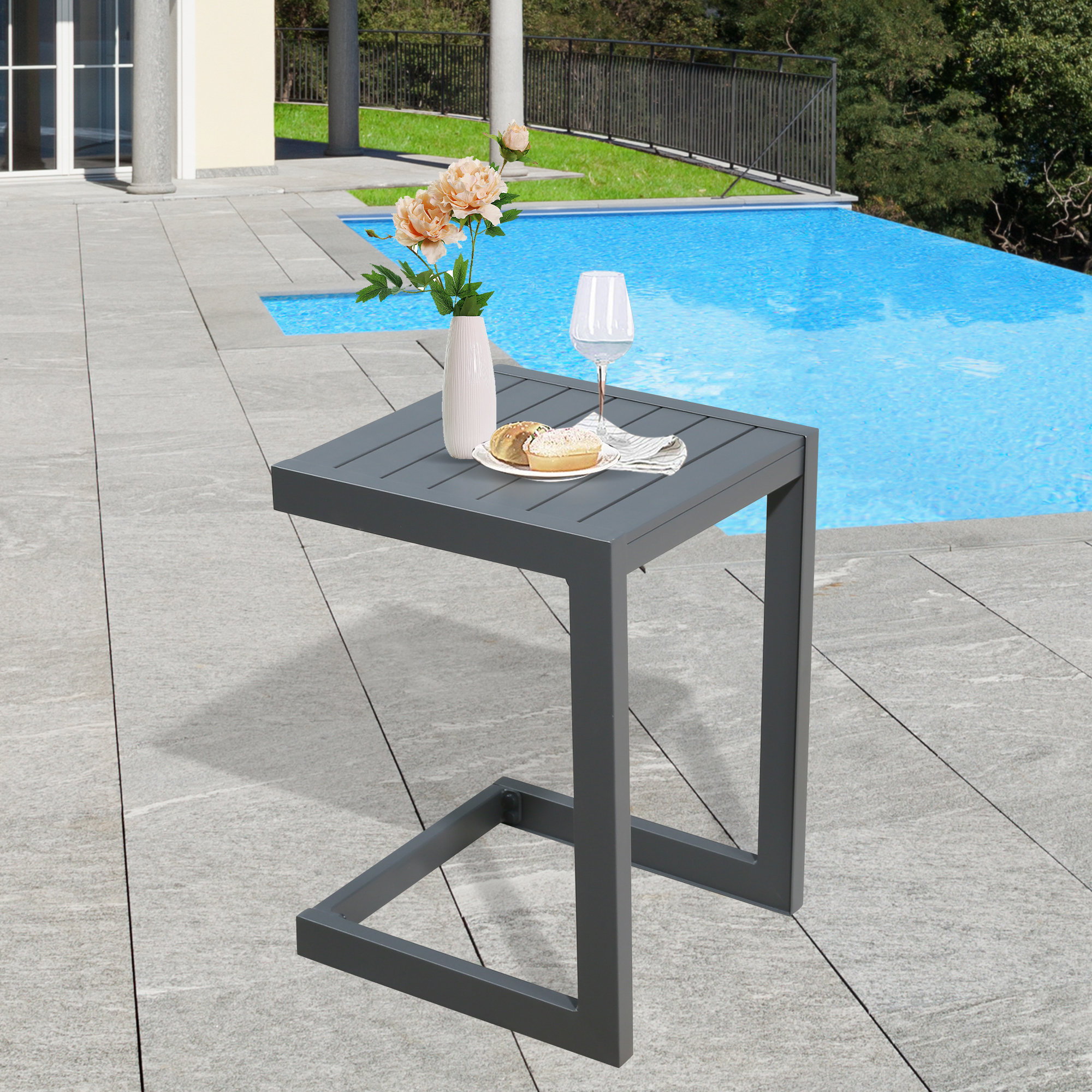 Wade Logan® Patio Aluminum Side Table Outdoor Indoor C Shaped End Table ...